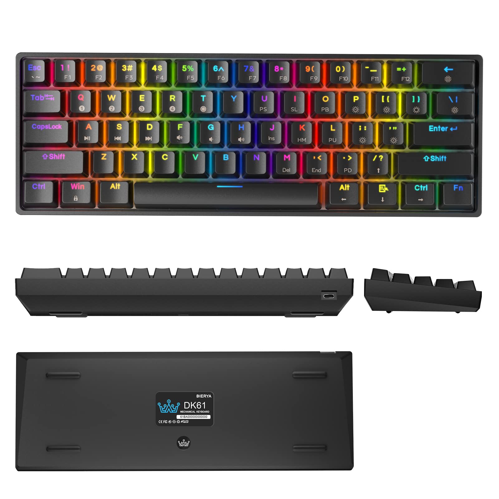 DIERYA DK61E 60% Percent Mechanical Gaming Keyboard, Optical Blue Clicky Switch, PBT Keycap, RGB Backlit, Waterproof, Wired USB C Mechanical Keyboard with Full Keys Programmable