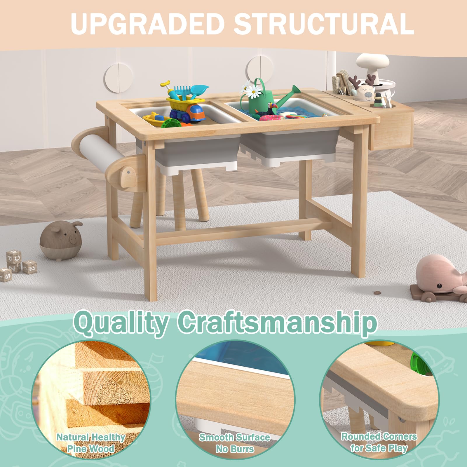 Beeneo Sensory Table for Toddlers, Kids Table with 2 Storage Bins, Multifunction Toddler Activity Table, Wooden Play Table for Kids, Sand and Water Table with Writable Lids