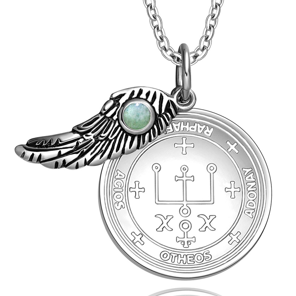 Archangel Raphael Sigil Amulet Magic Powers Angel Wing Charm Green Quartz Pendant 18 Inch Necklace