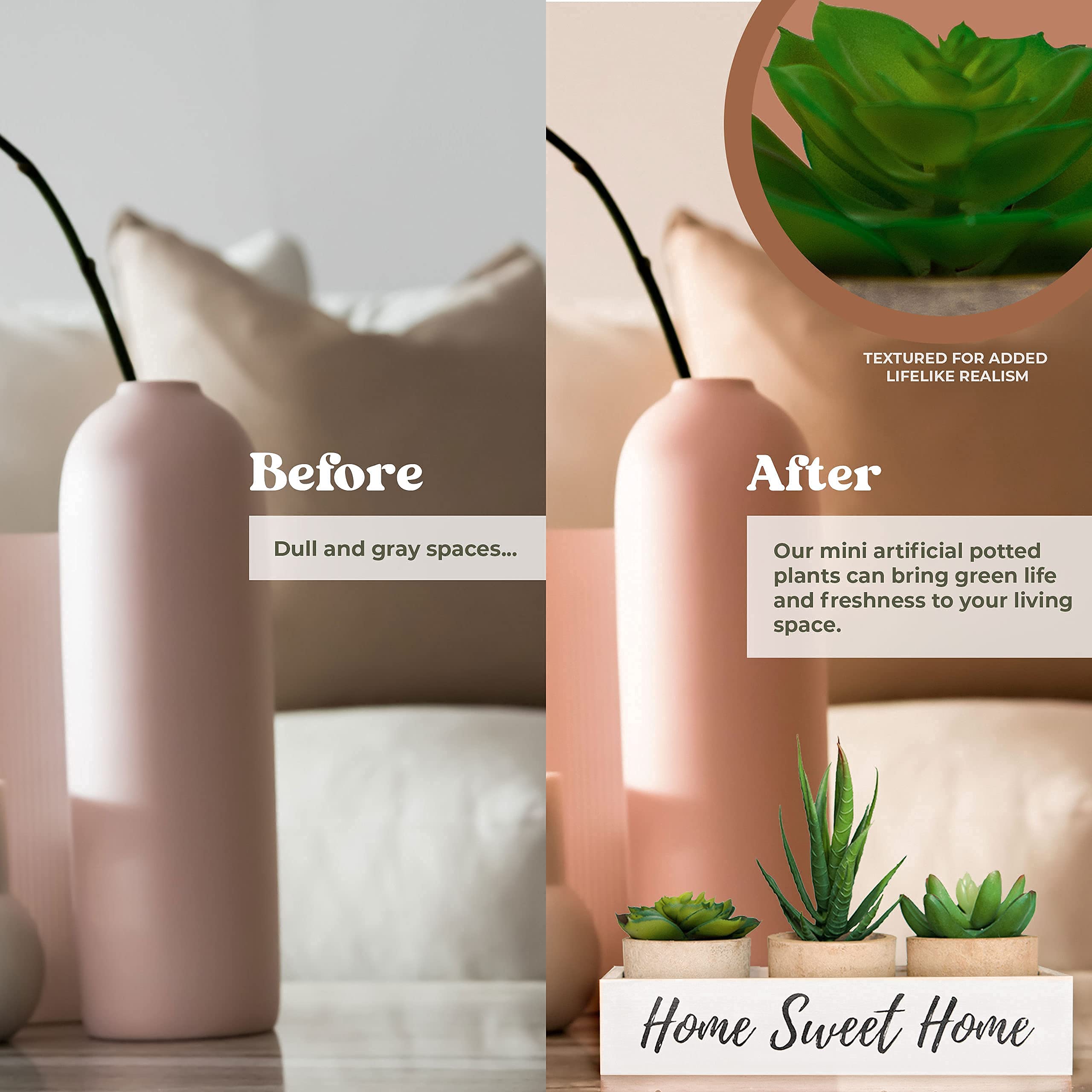 Artificial Succulent Plants with Pots with White Planter Box Home Sweet Home Live Laugh Love Realistic Greenery Mini Faux Plant Arrangements for Home Decor Office Table Bathroom Kitchen Dorm