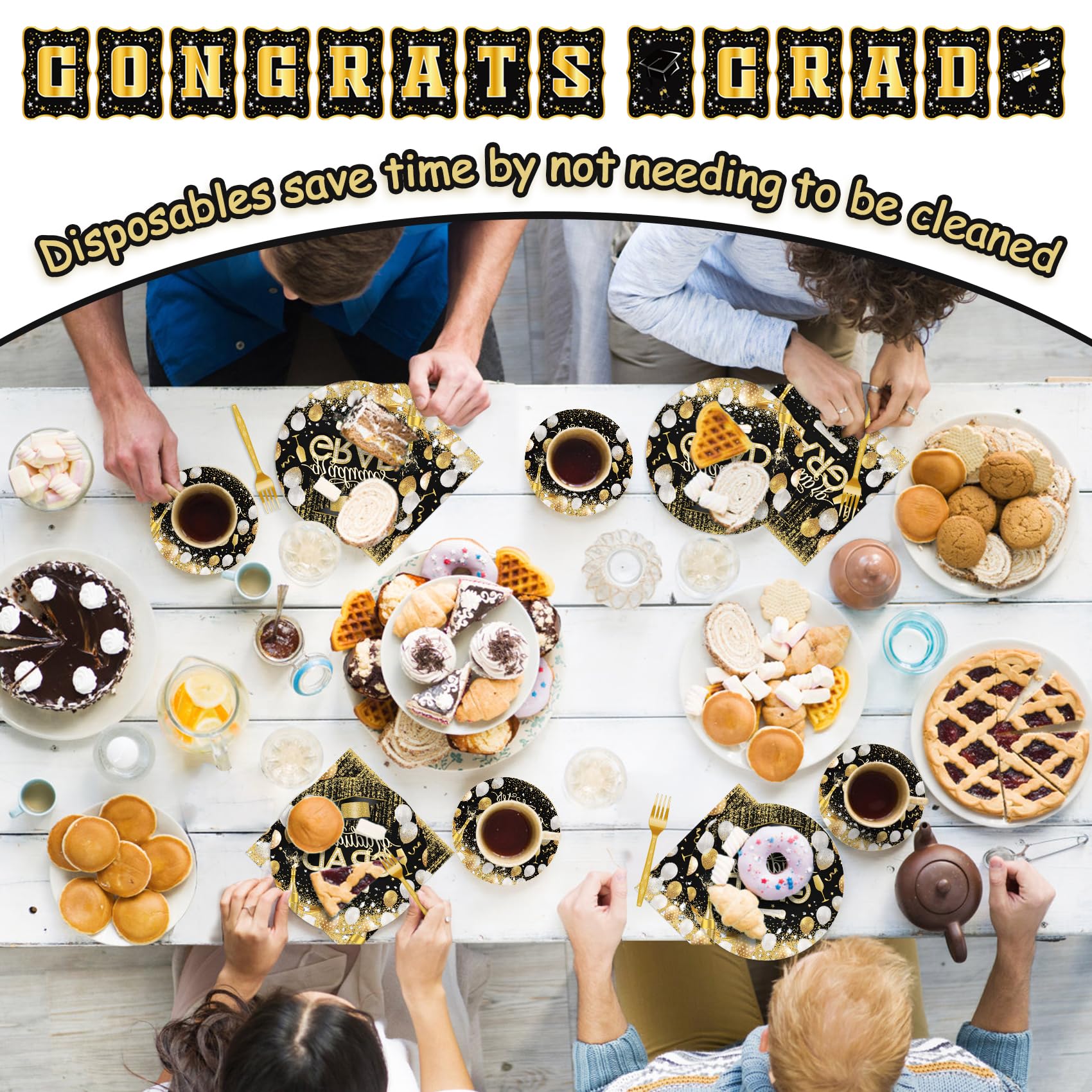 Black and Gold Graduation Party Supplies for 24: 97 Pcs with Elegant Plates, Forks, Bunting - Commencement Celebration - Classy Diploma-Themed Tableware Set