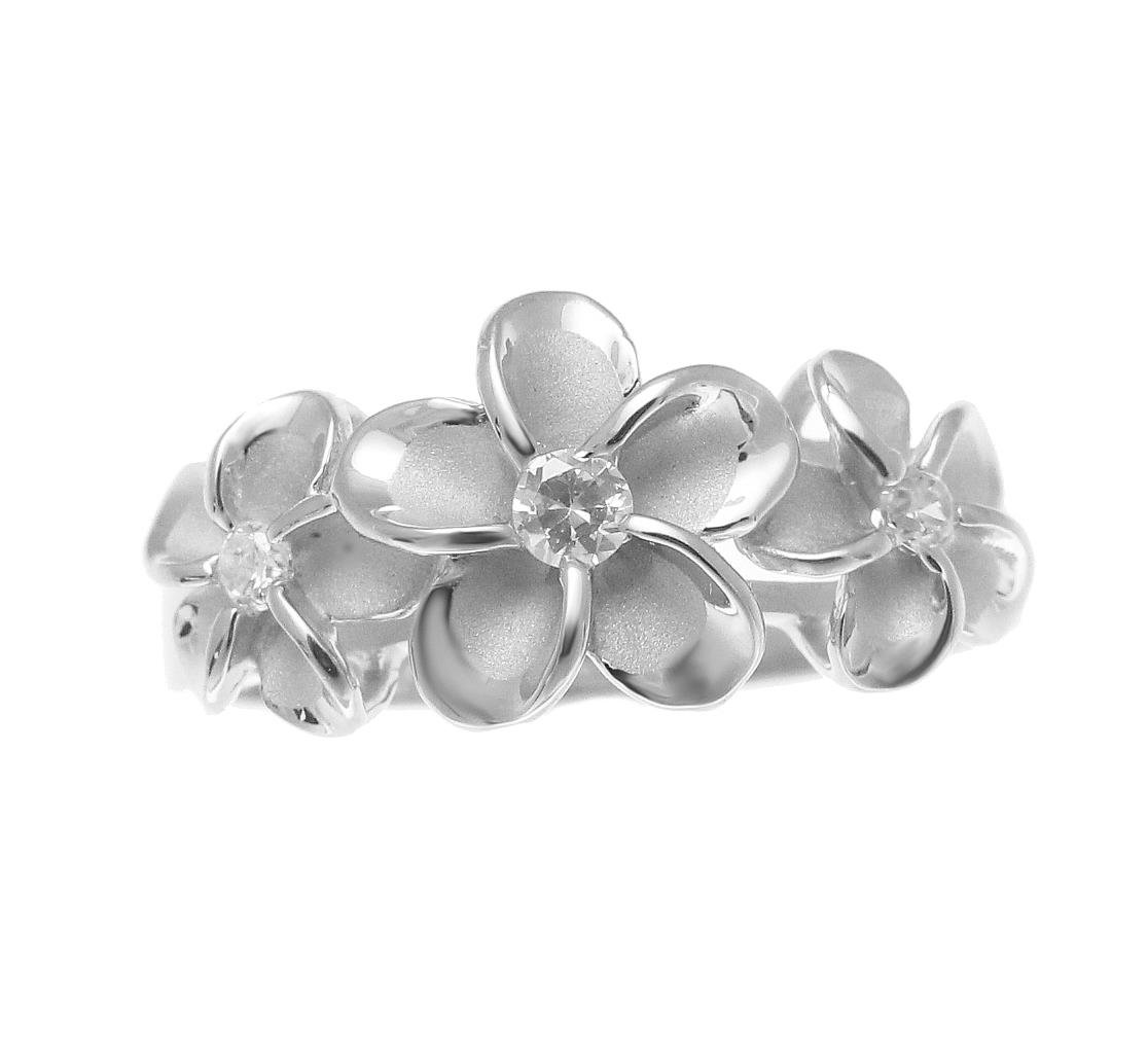 Arthur's Jewelry Sterling silver 925 Hawaiian 3 plumeria flower ring cz rhodium plated size 8