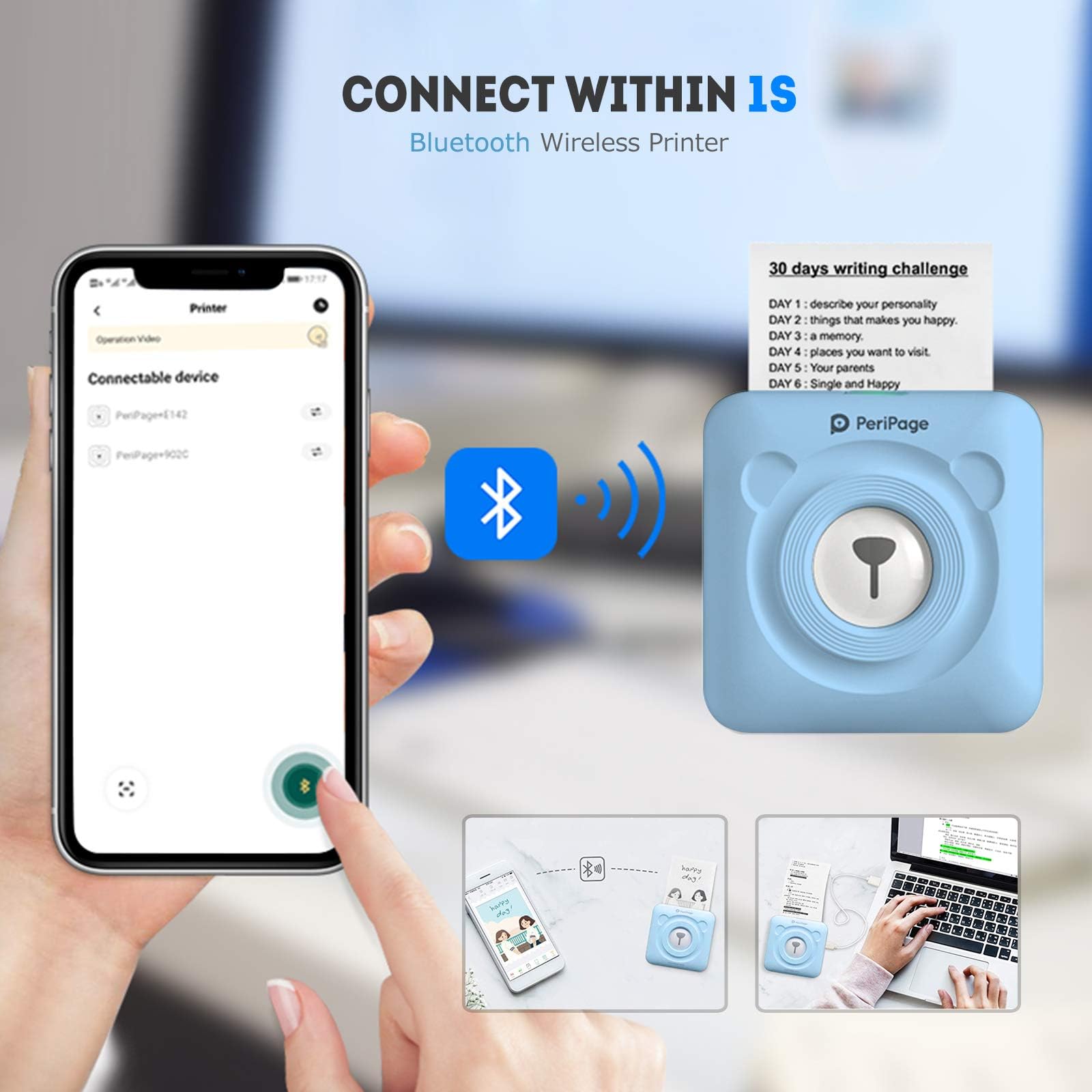 Buyounger Mini Printer, Mini Sticker Printer for iPhone Android Phone, Pocket Printer for Photo Picture Home Office Label Notes QR Code (Blue)