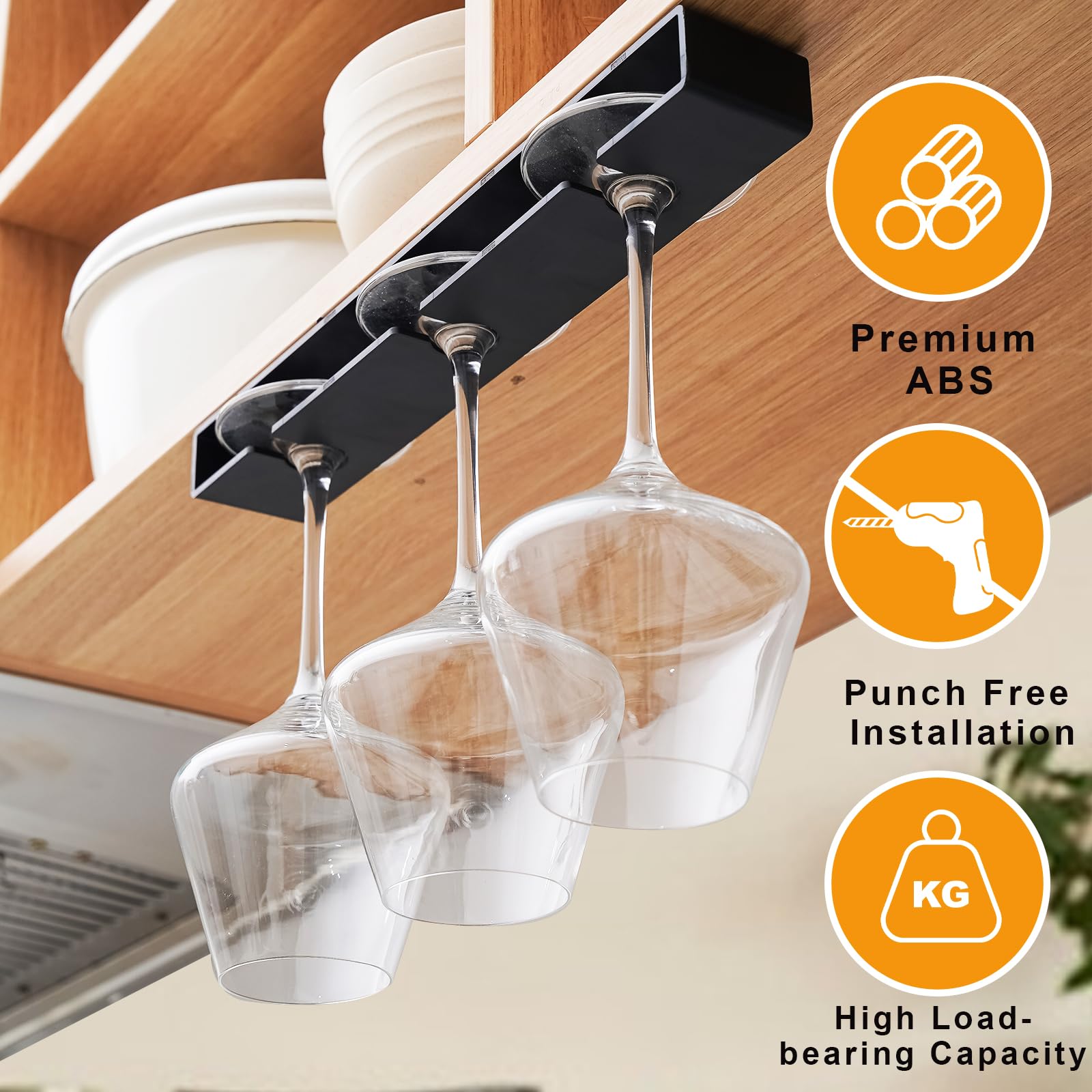 AQJUNONG Wine Glass Holder , 2 Pack Wine Glass Rack, No Drilling Wine Glass Holder Under Cabinet, Hanging Stemware Rack Organizer Hanger for Bar and Kitchen Cabinet(Classic Black)