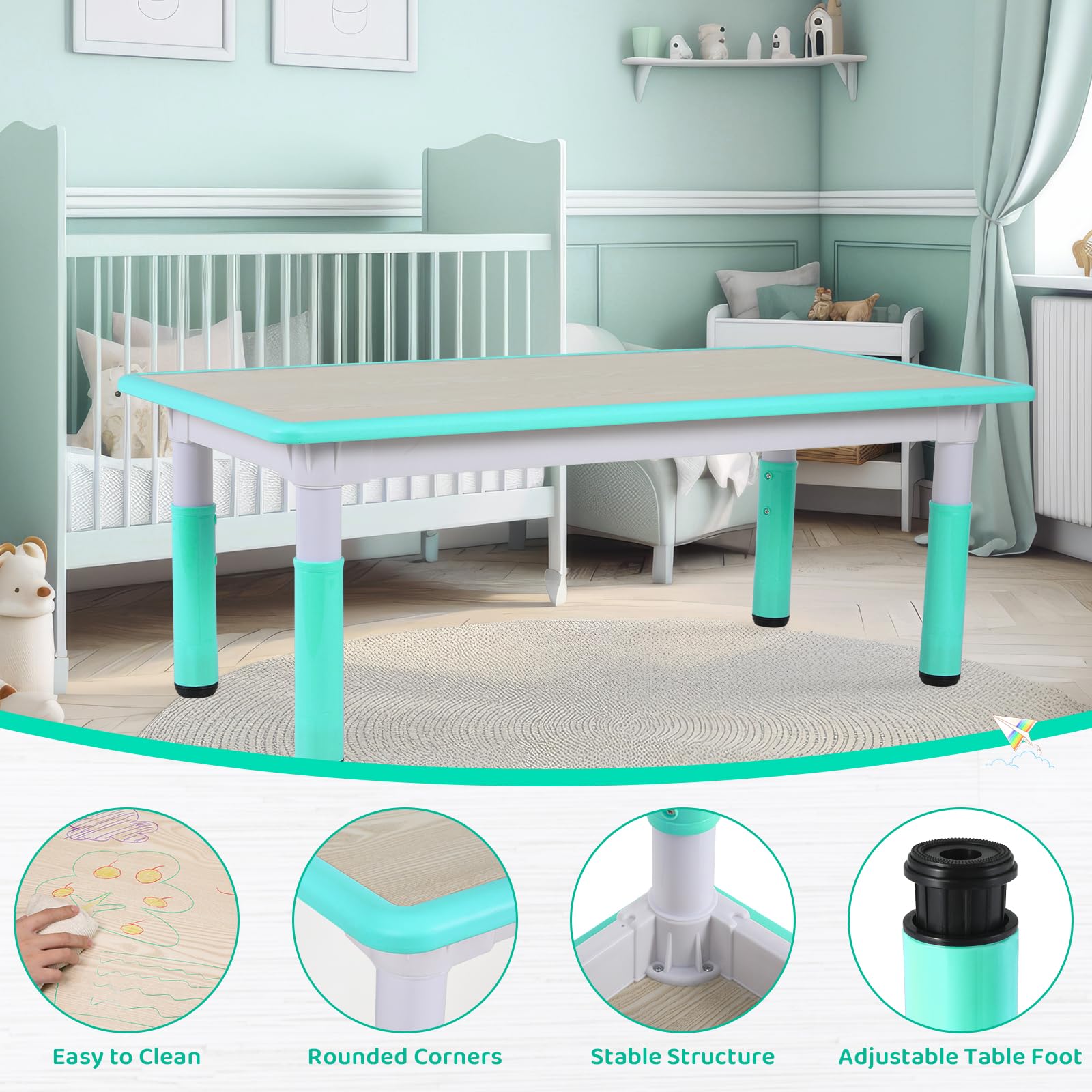 Arlopu Kids Table and 6 Chairs Set, Height Adjustable Graffiti Table, Preschool Activity Art Craft Table, for Daycare Classroom Home Boys and Girls Age 3-12 (Light Green)