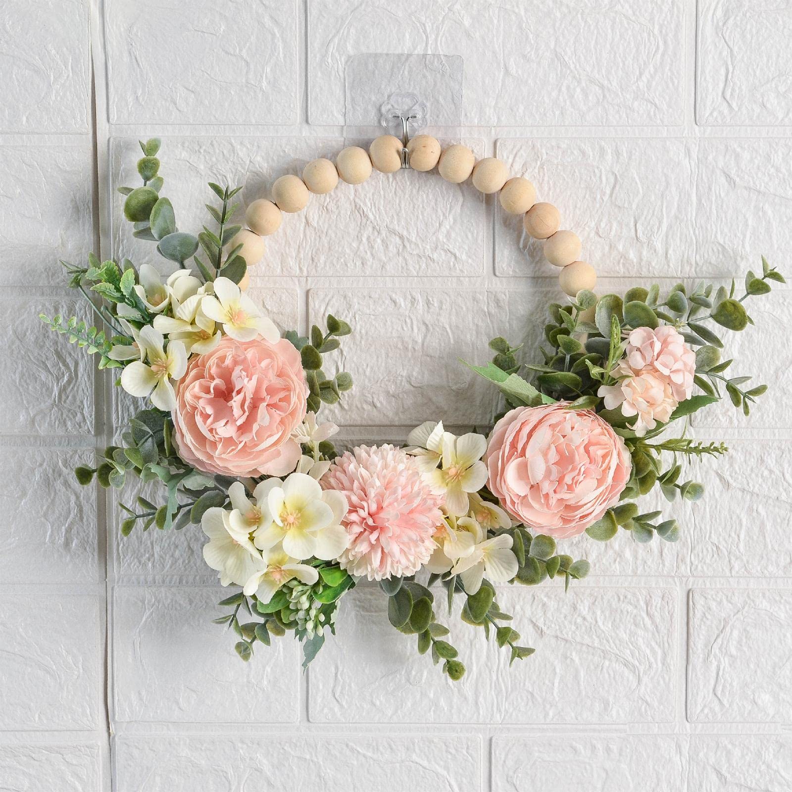 Artificial Wreath Faux Floral Wreath Spring Wreath Wooden Bead Round