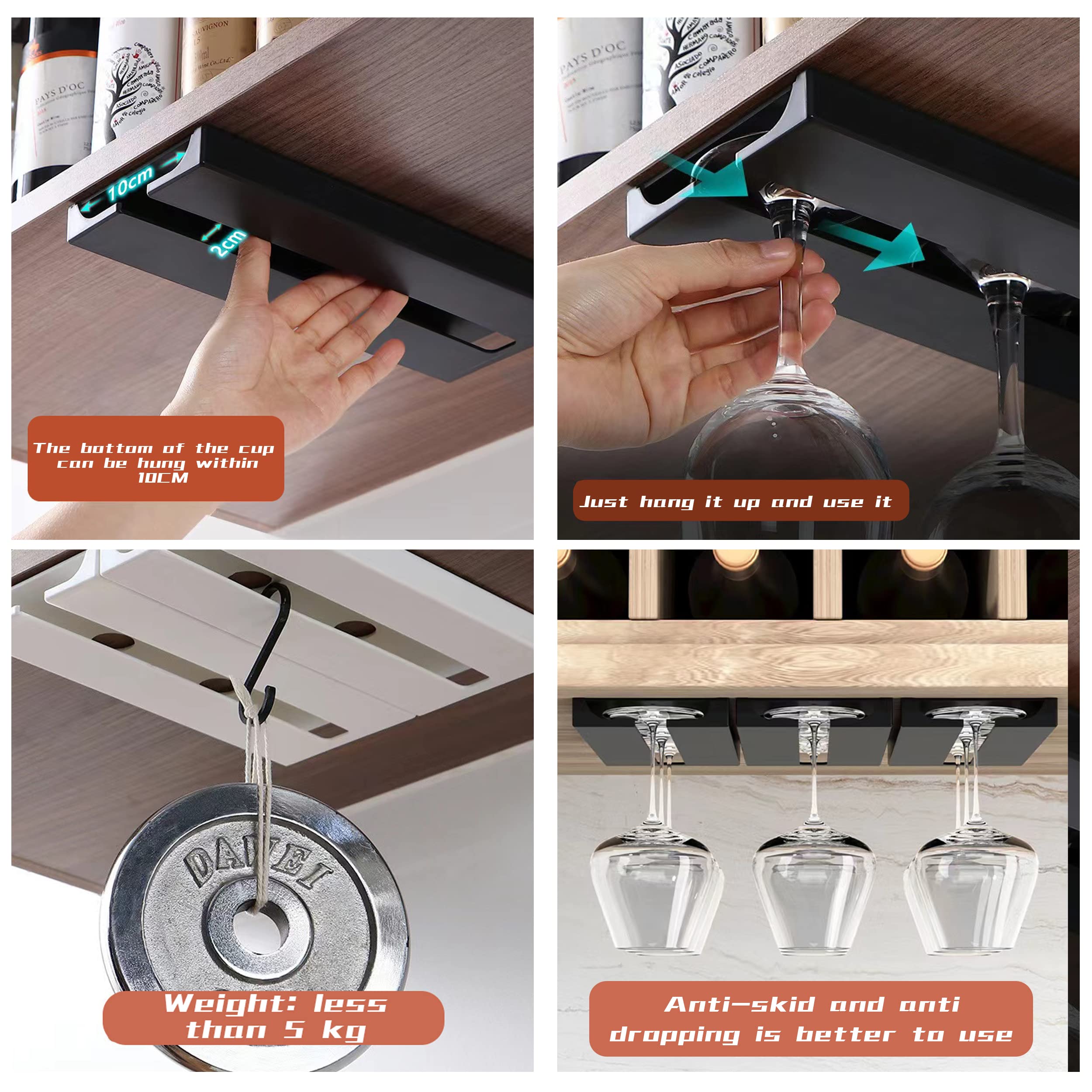 AQJUNONG Wine Glass Holder Under Shelf,2 Pack Wine Glass Rack - Punch-free Under Cabinet Stemware Wine Glass Holder Glasses Storage Hanger plastic Organizer for Bar self-adhesive(Classic Black)