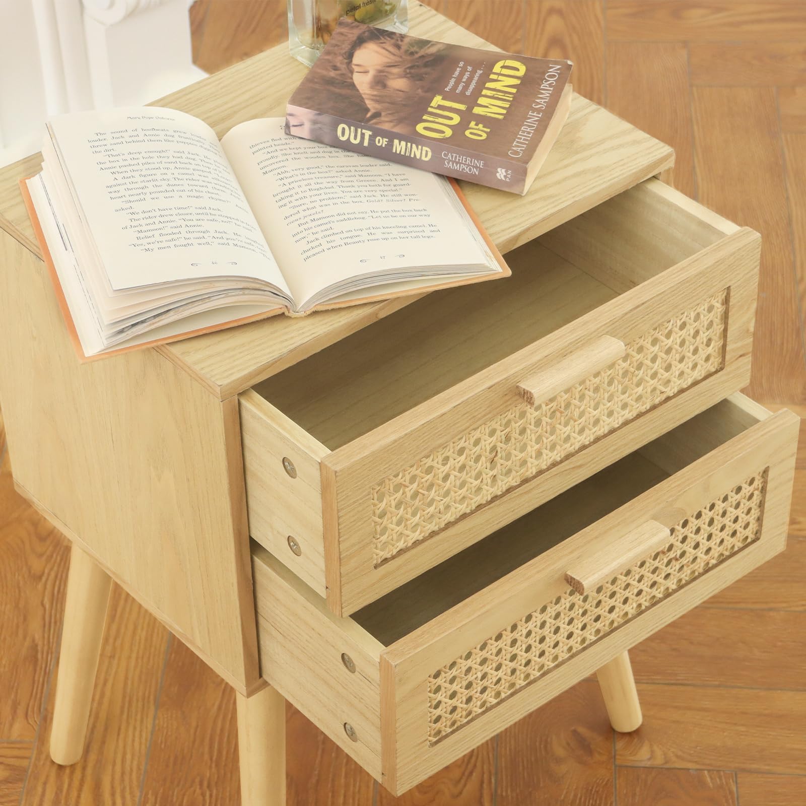 AWASEN Rattan NightStand Set 2, Nightstand Set of 2 with Drawers, Bedside Table with Storage and Solid Wood legs, Rattan Side Table End Table for Bedroom (Natural)