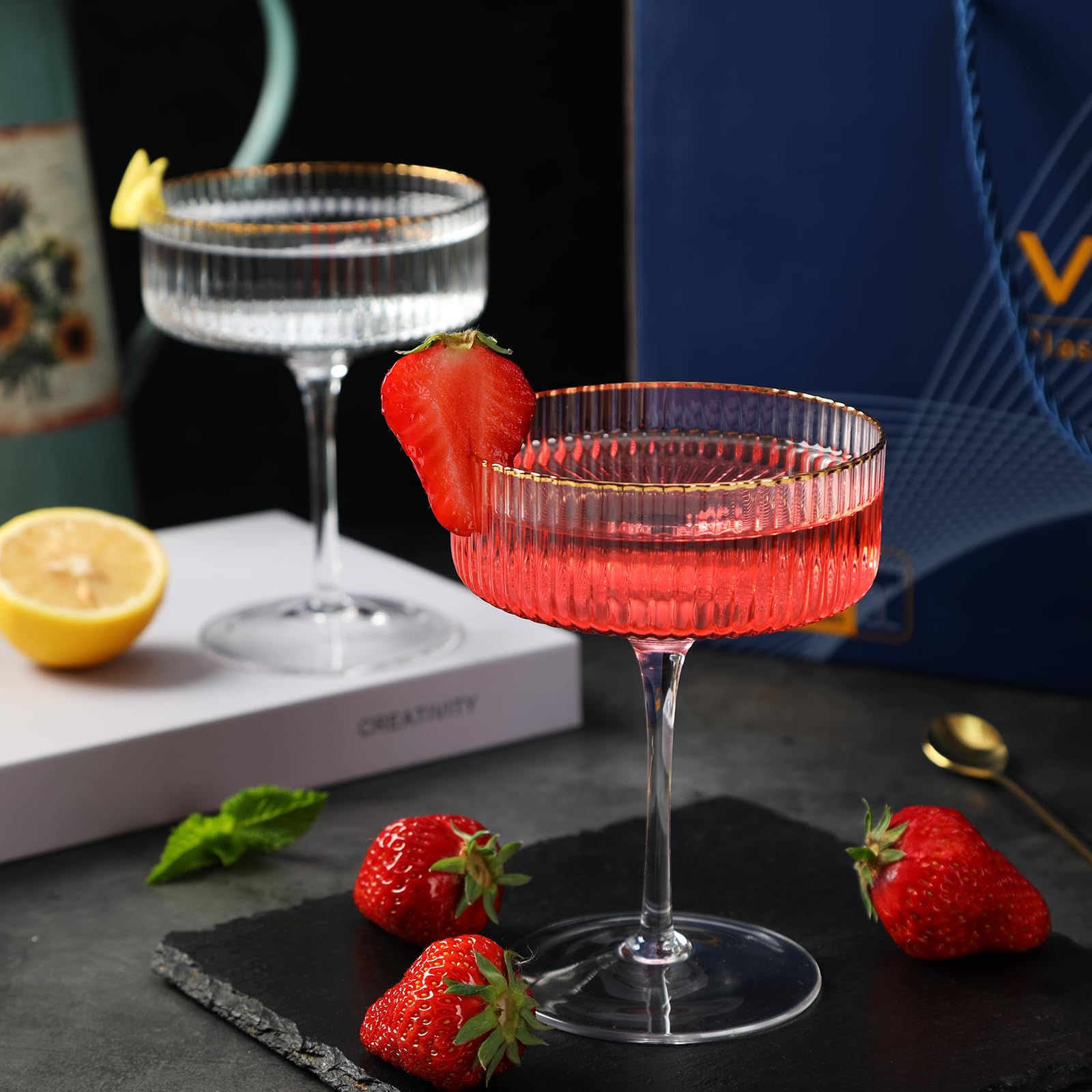 VIFVOR Coupe Glasses Set of 6, Cocktail Glasses 10 oz Classic Old Styling Martini Glass Set with Gift Box Packaging Elegant Hand Blown Martini Glasses for Cocktail, Champagne, Bar and Gift