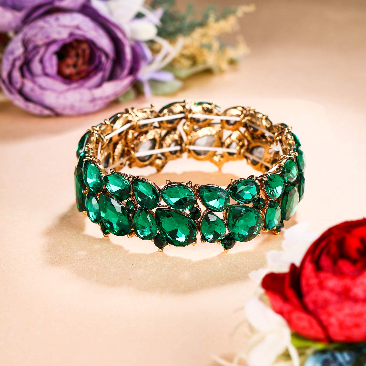 EVER FAITH Women's Costume Jewelry Crystal 2 Layer Teardrop Stretch Bracelet for Prom Party Green Antique Gold-Tone