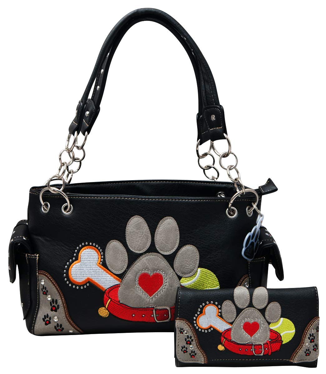 HW Collection Dog Paw Print Handbag Women Shoulder Purse Wallet Set Western Style (Black)