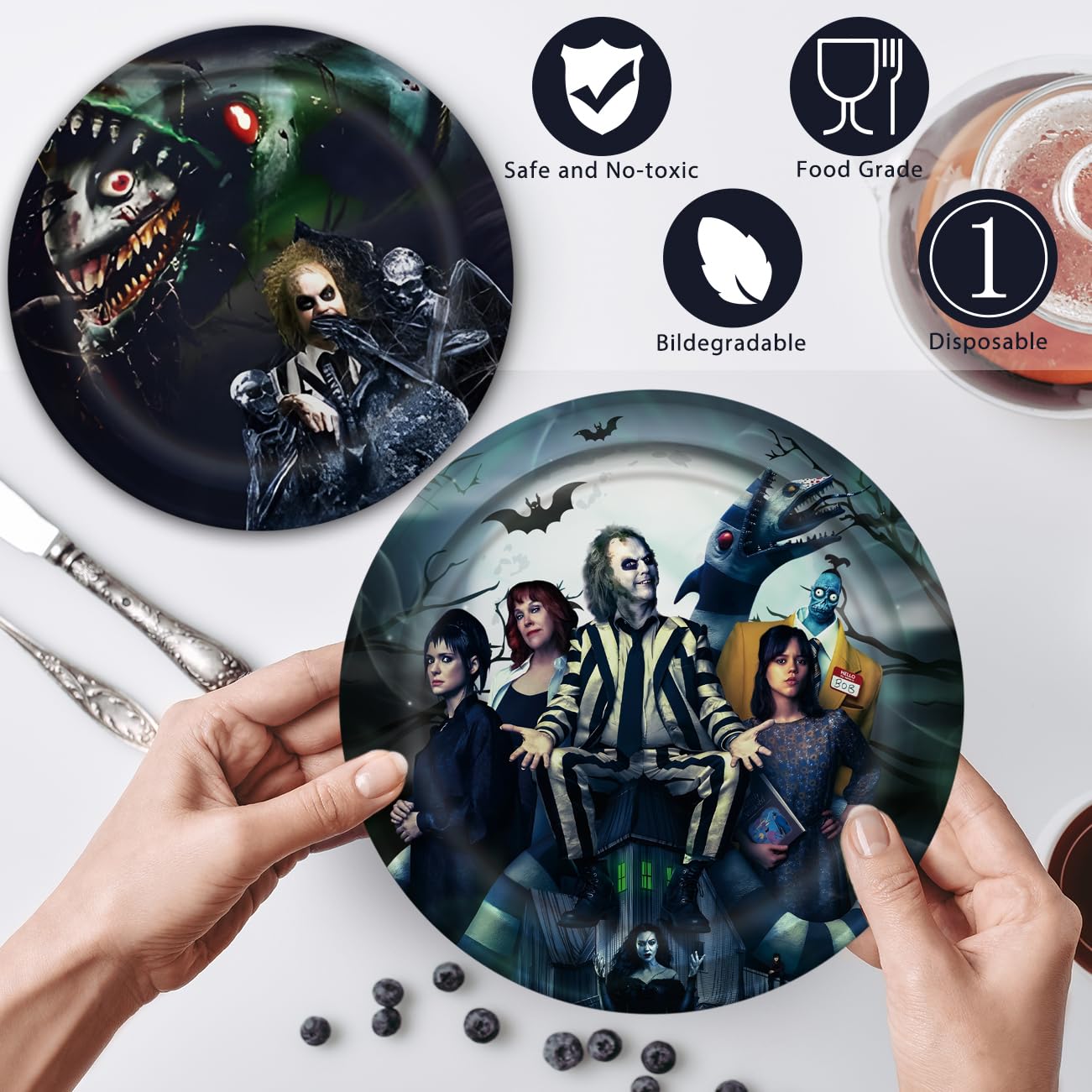 Beetleju Halloween Party Decorations,41pcs Horror Theme Halloween Party Tableware Set Include 1pc 71x43inch Halloween Tablecloth, 40pcs Halloween Paper Plates with 2 Size, 20pcs Napkins