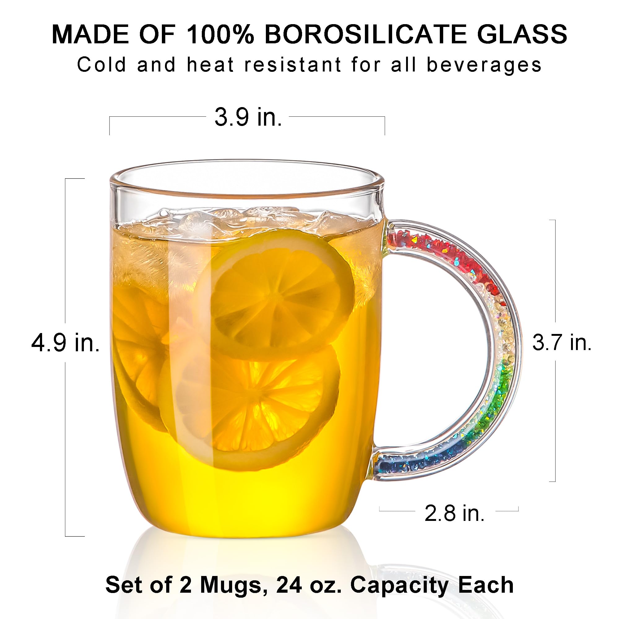 Aquach Large Glass Mug Set of 2, 24 oz. Each, Ultra Large Capacity with Handle Clear Glass Drink Cup, Cereal Cup