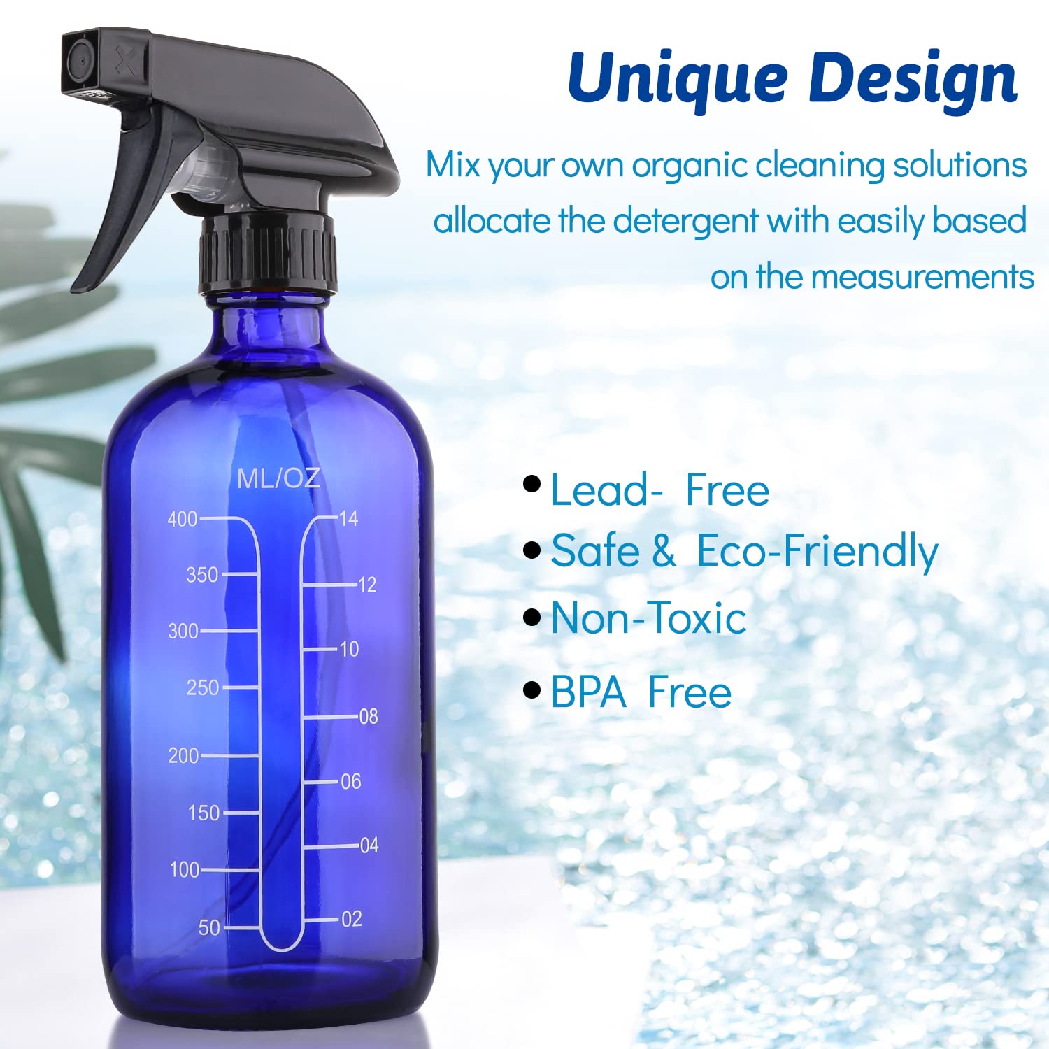 AOZITA 16oz Cobalt Blue Glass Spray Bottles with Measurements - Empty Reusable Refillable Container with Funnel and Labels for Mixing Essential Oils, Homemade Cleaning Products(2 Pack)