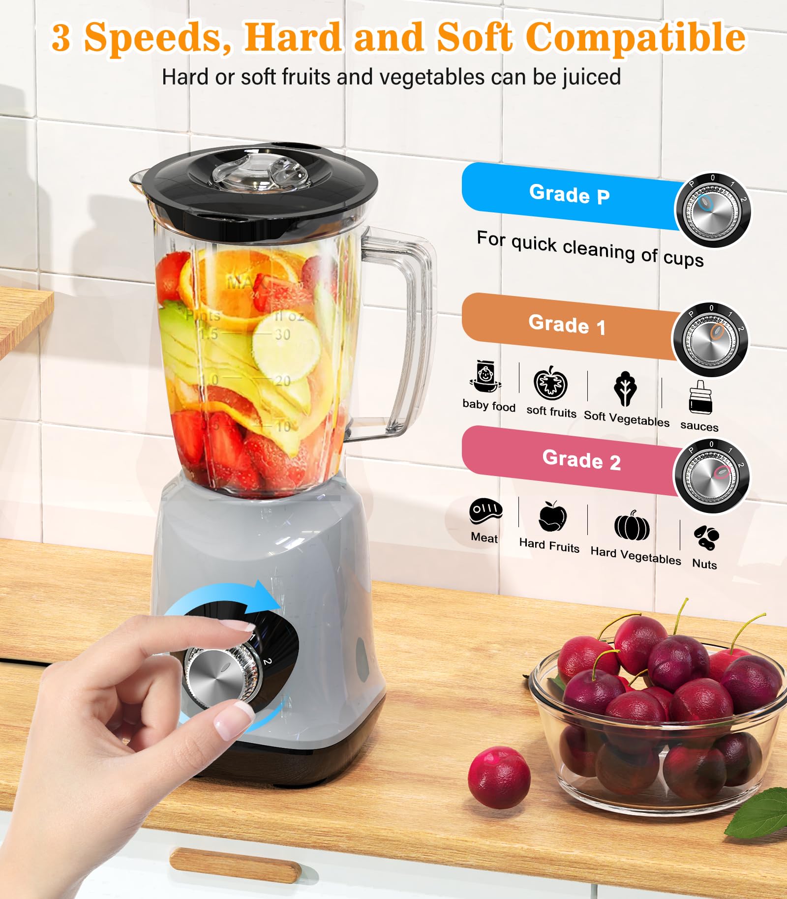 Blender for Smoothies, Personal Blender and Grinder Combo with No-BPA 34oz Blender Cup, 20oz To-Go Cup & Spout Lids, 5oz Grin