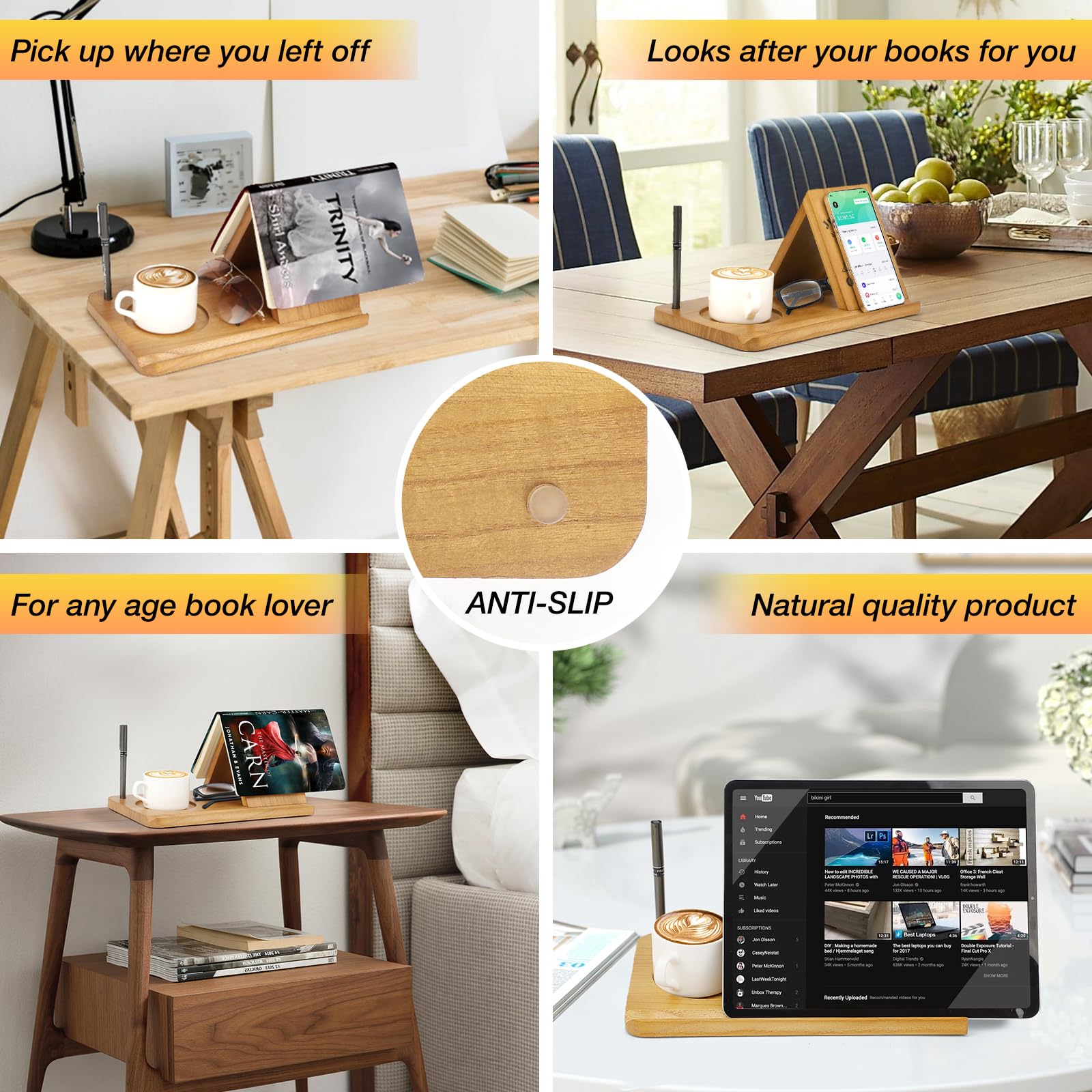 BEEUHLIL Book Holder, Triangle Small Bookshelf, Unique Book Nook Reading Valet with Cup, Glasses & Pen Holder, Wooden Mini Bookshelf, Book Lovers Gift Ideas
