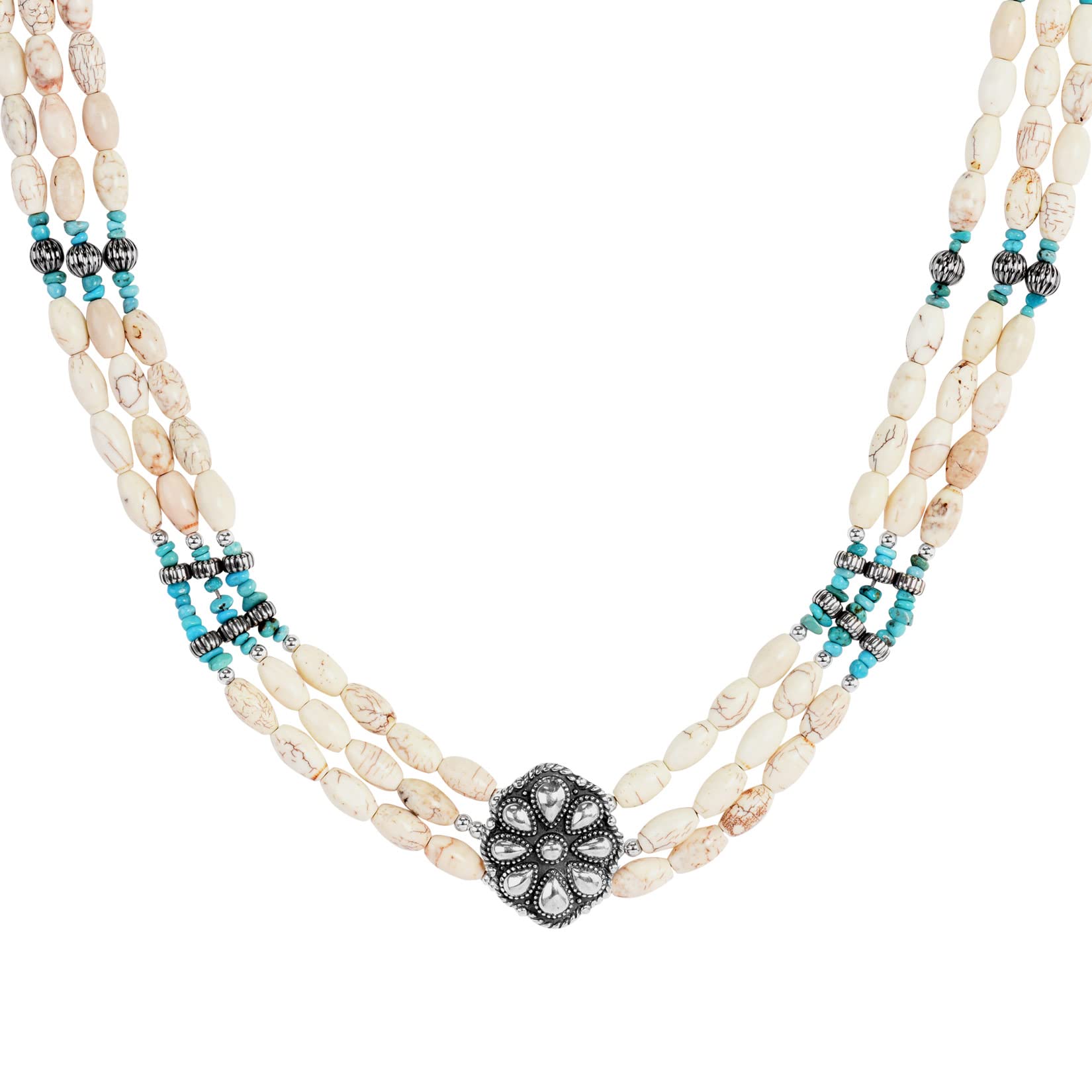 American West Sterling Silver Women's Strand Necklace Blue Turquoise & Crème Magnesite Gemstone Beaded 15 to 18 Inch
