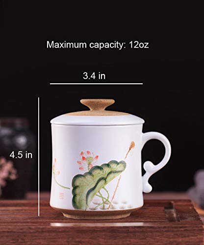 BIFULDYO Tea Cup with Filtering Function, Single Cup Loose Tea Brewing System,Large Capacity 12oz, Chinese Painting Style Pattern,Loose Leaf Iced Blooming or Flowering Tea Filter(Lotus)