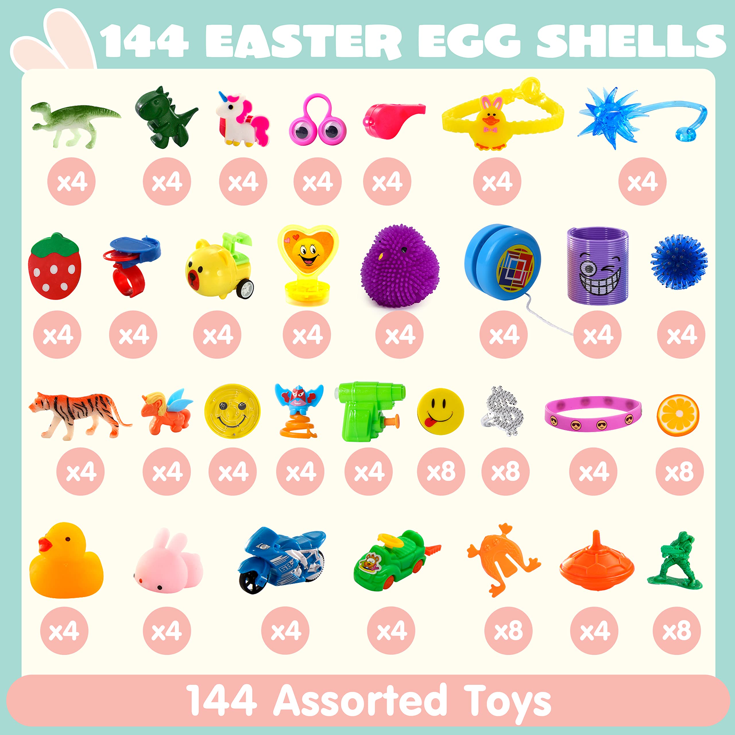 JOYIN 144 Pcs Prefilled Easter Eggs with Toys Plus Stickers Inside, Stuffed Toys for Easter Eggs Hunt, Basket Stuffers/Fillers, Party Favor, Classroom Prize Supplies