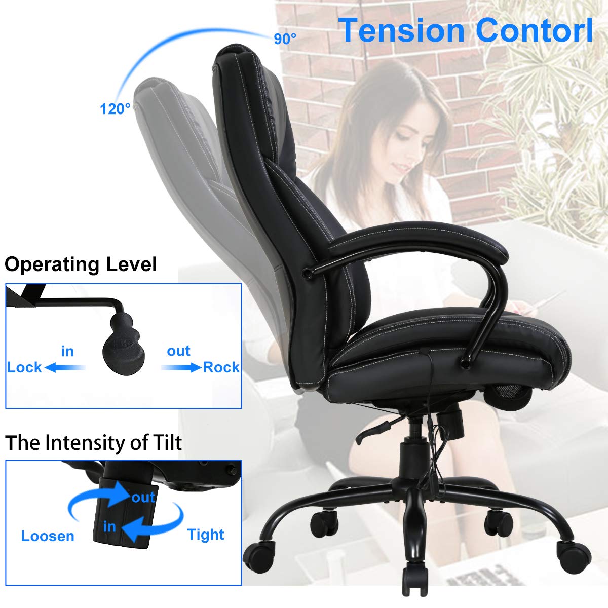 Big and Tall Executive Office Chair - Heavy Duty 500lbs Wide Seat PU Leather Swivel Rolling, Ergonomic Desk Computer Chair w/High Back & Lumbar Support Arms for Home Office Black