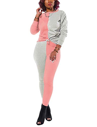 Angsuttc Jogger Sets for Women 2 Piece, Color Blocked Long Sleeve Tops Skinny Pants Tracksuit Outfits Pink&Grey M