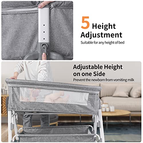 Baby Bassinet, Bedside Bassinet for Baby, Bassinet Bedside Sleeper with Wheels, 5 Height Adjustable, Baby Bassinet Sleeper Included Mosquito Net + Storage Basket… Grey
