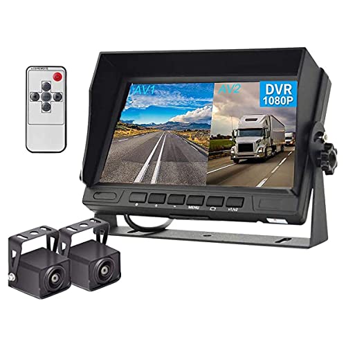 Backup Camera Rear View Monitor 7 inch 1080P Reverse Cam Kit Dual Split Screen DVR Waterproof Night Vision Rearview Camera for Truck, Trailer, Large Box, RV, Camper, Bus Easy Installation Grid Lines