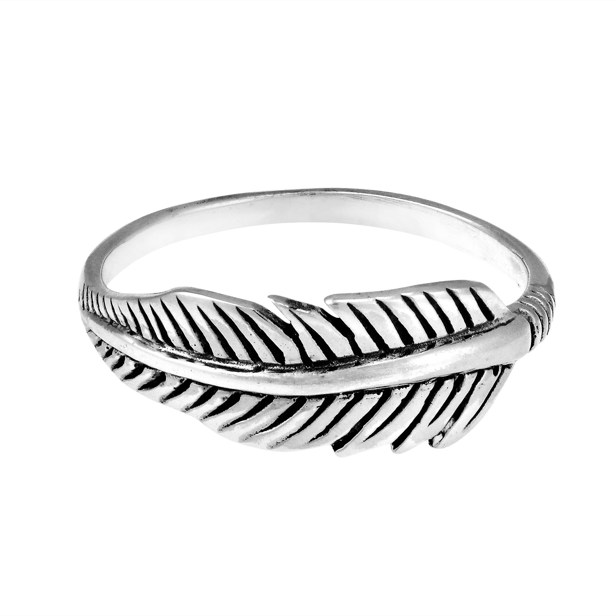 AeraVida Vintage Chic Feather Leaf Unisex .925 Sterling Silver Band Ring (6)