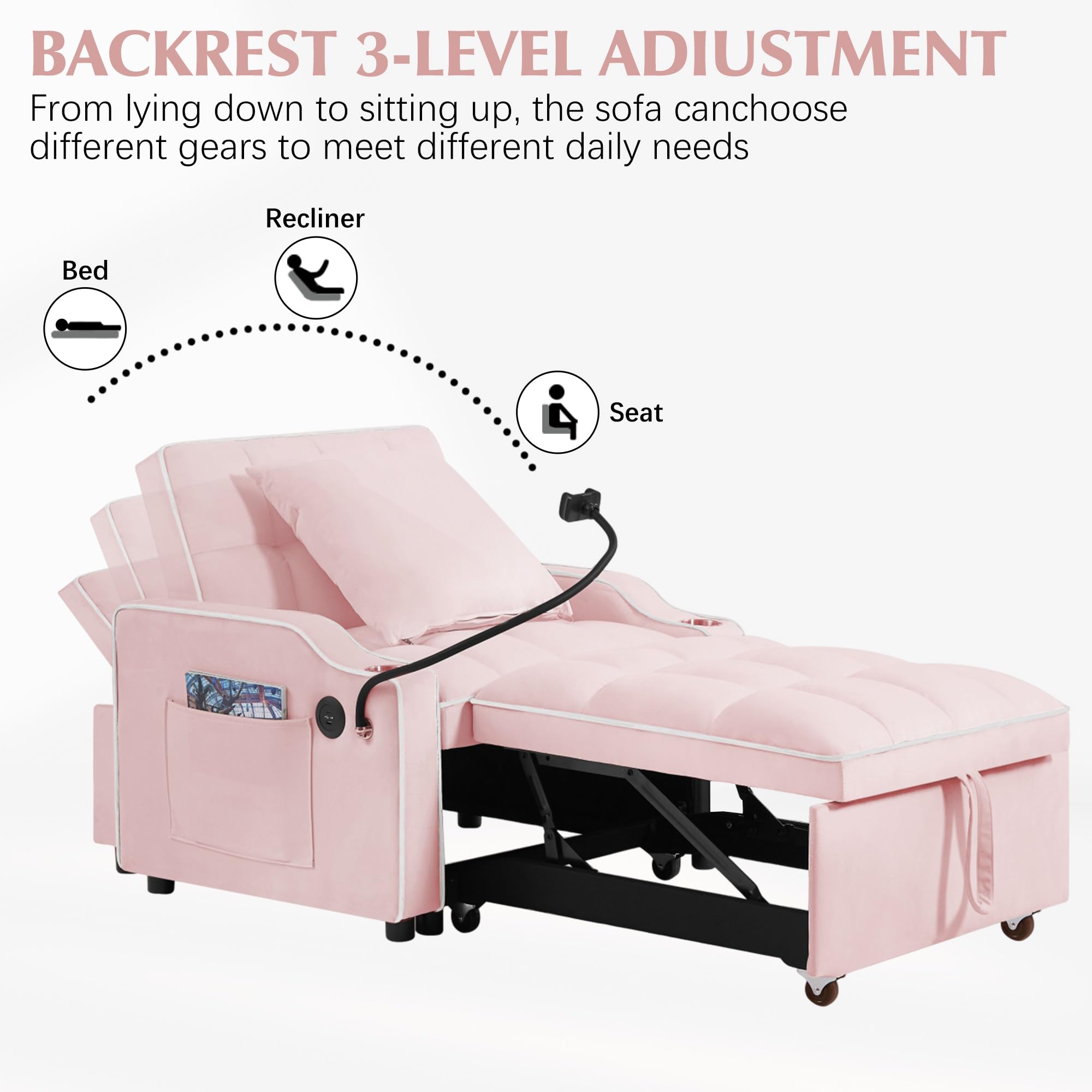 SPOWAY 3 in 1 Sleeper Sofa Couch Bed, Velvet Convertible Single Sleeper Sofa with USB Port and Ashtray and Swivel Phone Stand, Storage Pockets, Pull Out Single Sleeper for Living Room, Pink