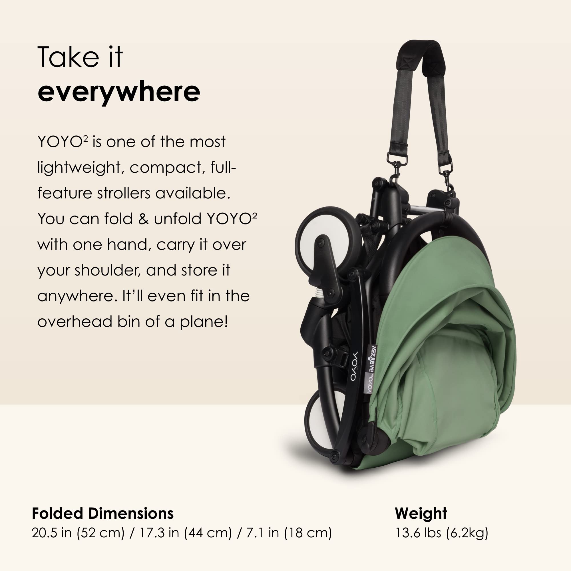 BABYZEN YOYO2 Stroller - Lightweight & Compact - Includes Black Frame, Peppermint Seat Cushion + Matching Canopy - Suitable for Children Up to 48.5 Lbs