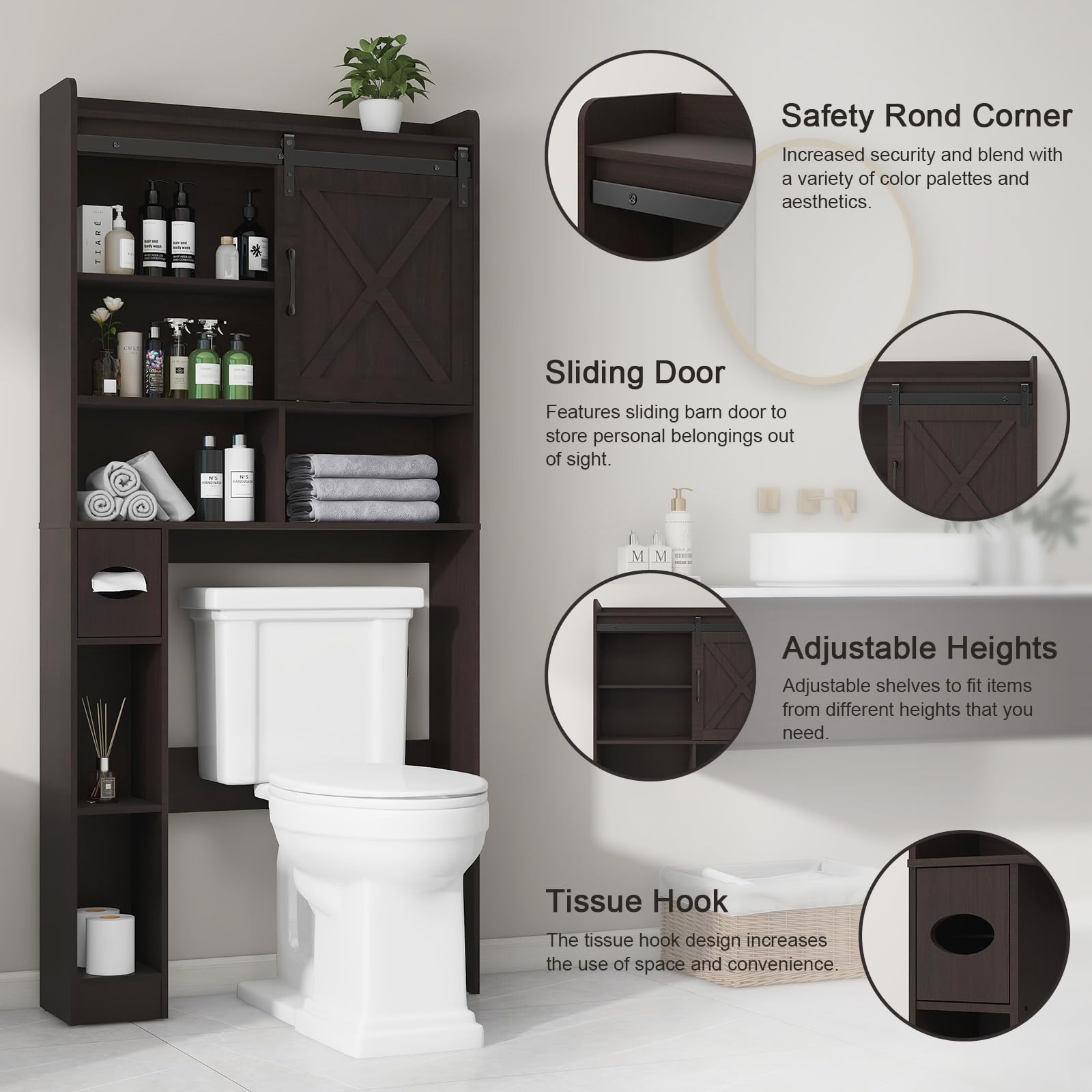 Befrases Over The Toilet Storage Cabinet, Farmhouse Storage Cabinet Over Toilet with Sliding Doors & Toilet Paper Holder Stand,Home Space-Saving Toilet Rack, for Bathroom, Laundry, Restroom(Espresso)