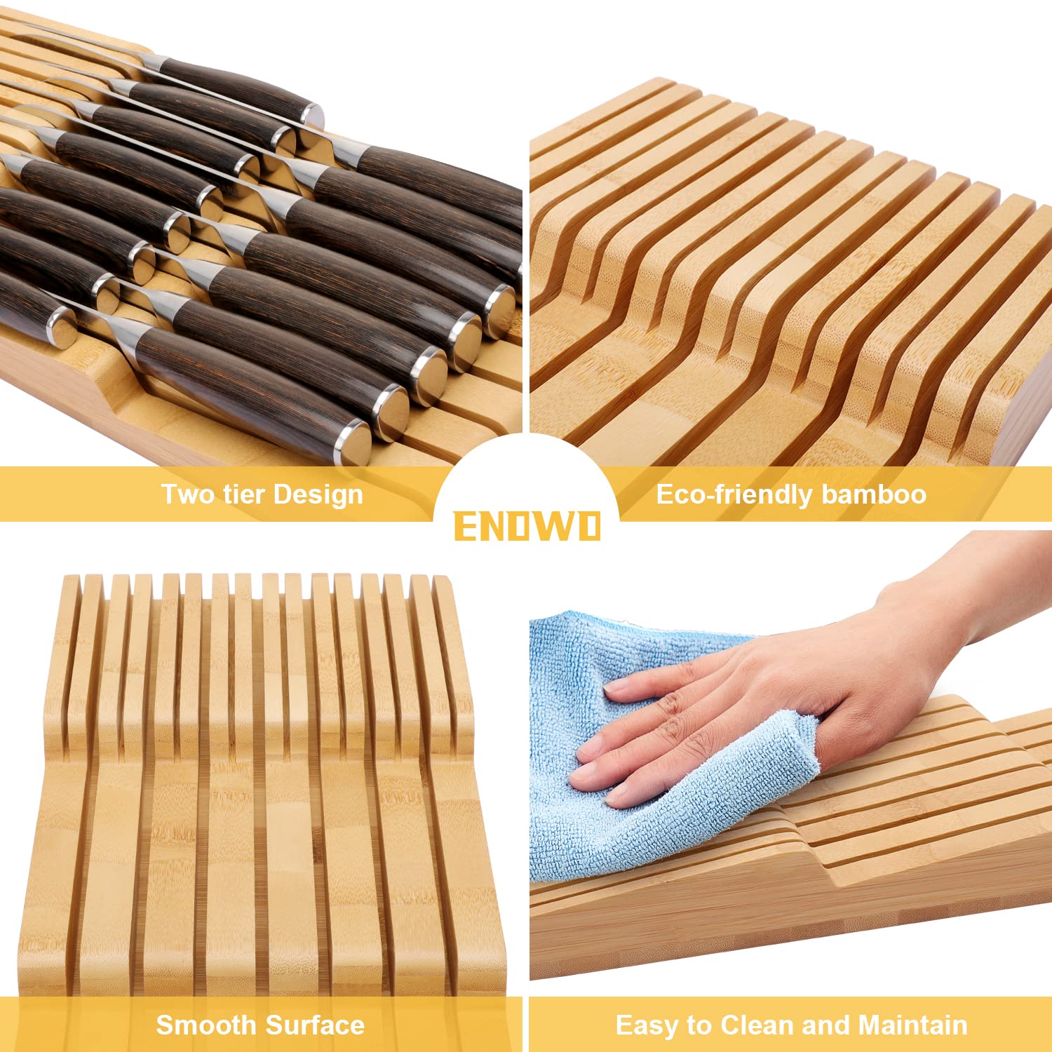 enowo Bamboo Knife Block Knife Drawer Organizer, Knife Holder for Kitchen Drawers Hold 15 Knives(Not included), Kitchen Knife Organizer Drawer Insert, Perfect for Home and Chefs