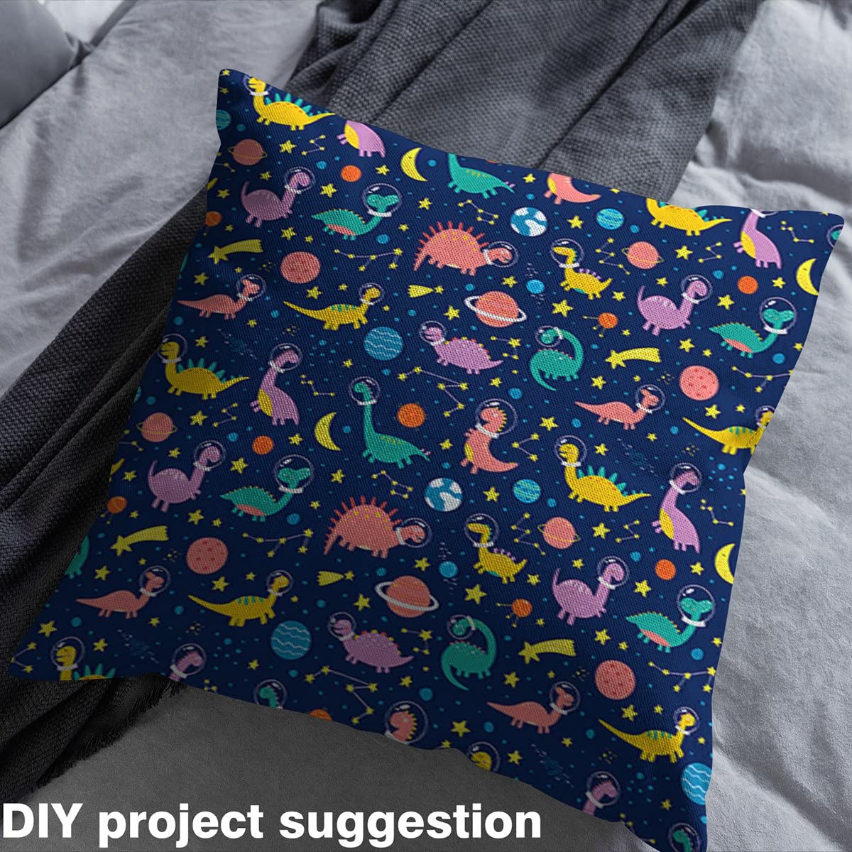 Dinosaur Upholstery Fabric, Kids Cartoon Animals Fabric by The Yard, Star Moon Planet Outer Space Decorative Fabric, Funny Dino Astronaut Indoor Fabric, DIY Waterproof Fabric Quilting,1 Yard,Blue