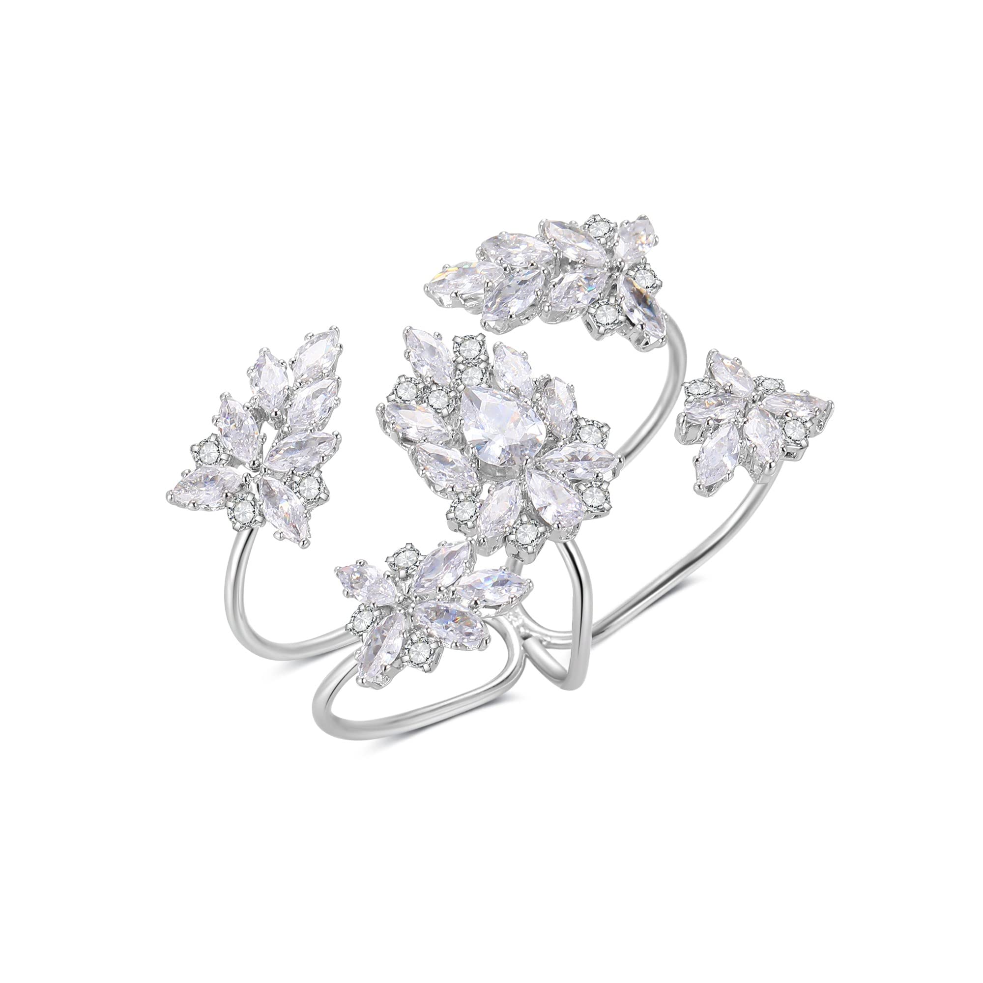 Aprilery Three-Finger Statement Ring Palm for Women, Fashion CZ Crystal Adjustable Rings Cocktail Open Multiple Ring Leaf Wedding Party Prom Accessory Jewelry Gifts for Her (Style 4)