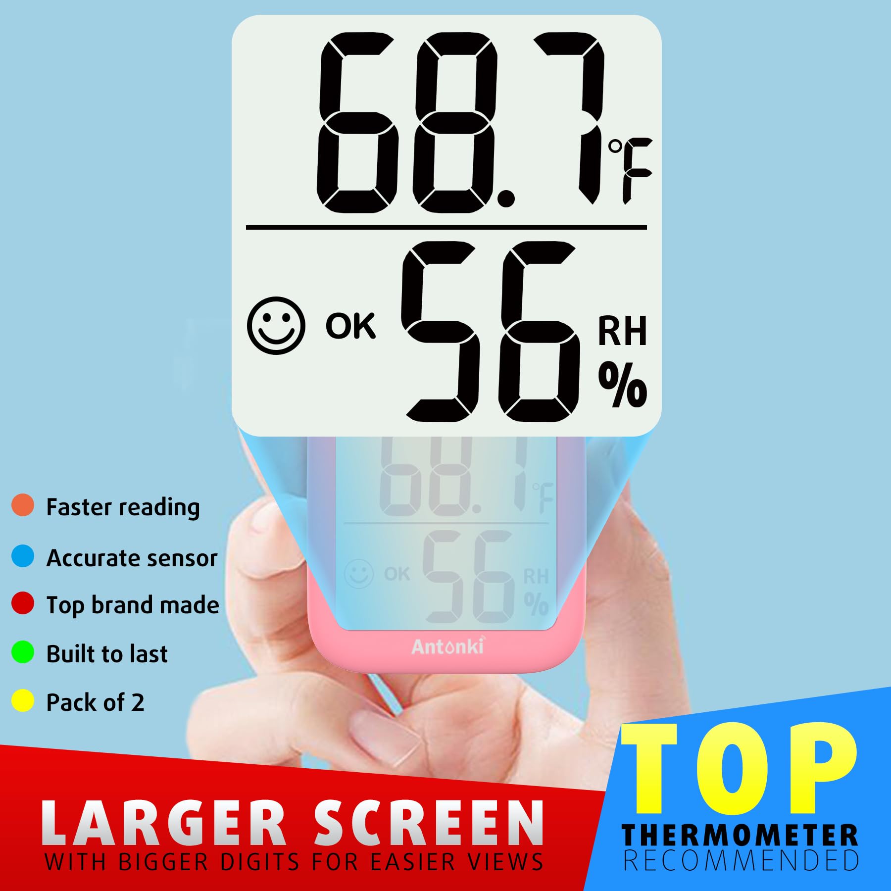 Antonki Room Thermometer for Home, 2 Pack Digital Temperature and Humidity Monitors, Indoor Hygrometer Sensor, Humidity Gauge, Humidity Meter for Baby Room, Terrarium, Incubator, Greenhouse