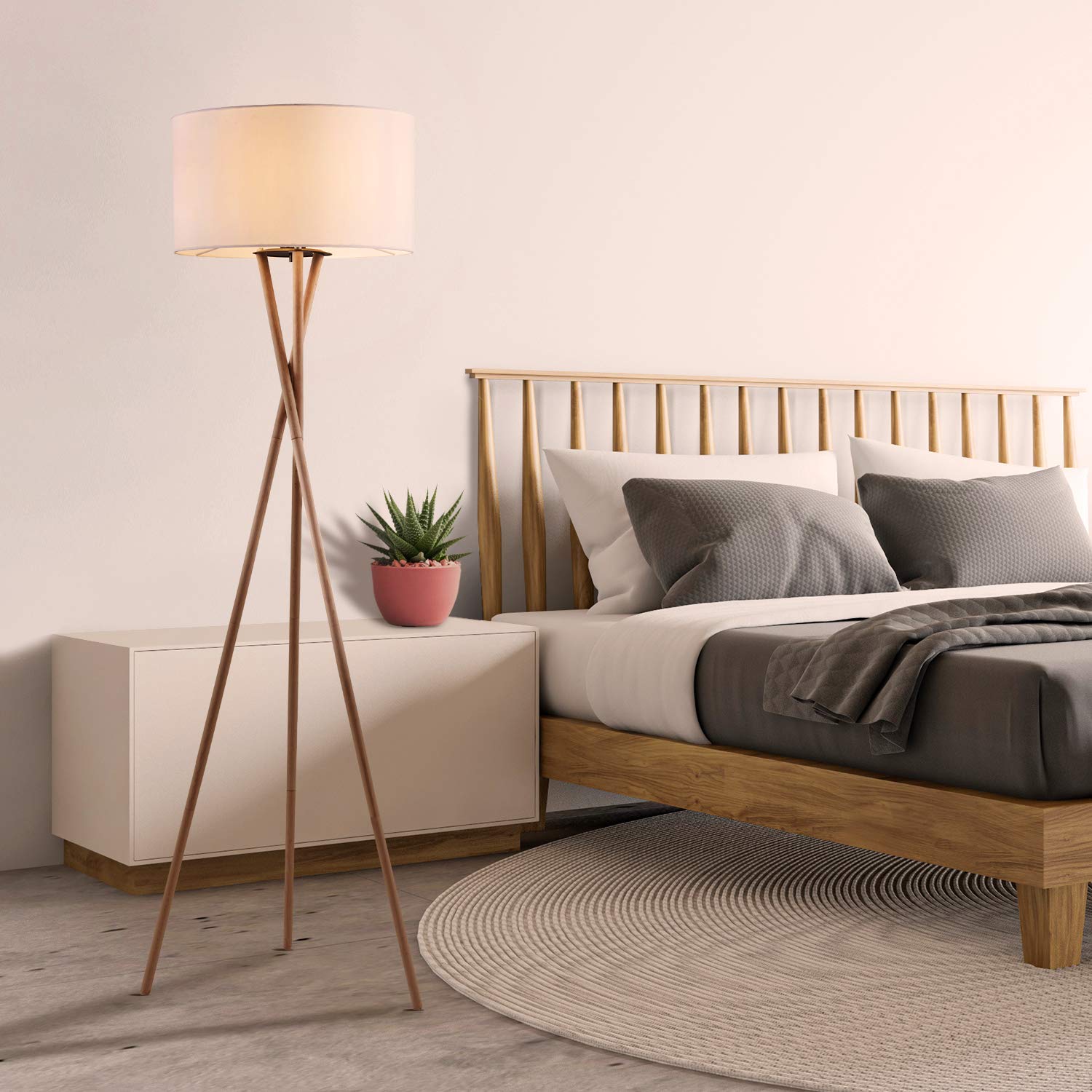 Archiology Tripod Floor Lamp - Modern Wood Floor Lamp with White Drum Shade and E26 Lamp Base,Perfect for Living Room, Bedroom, Study Room and Office