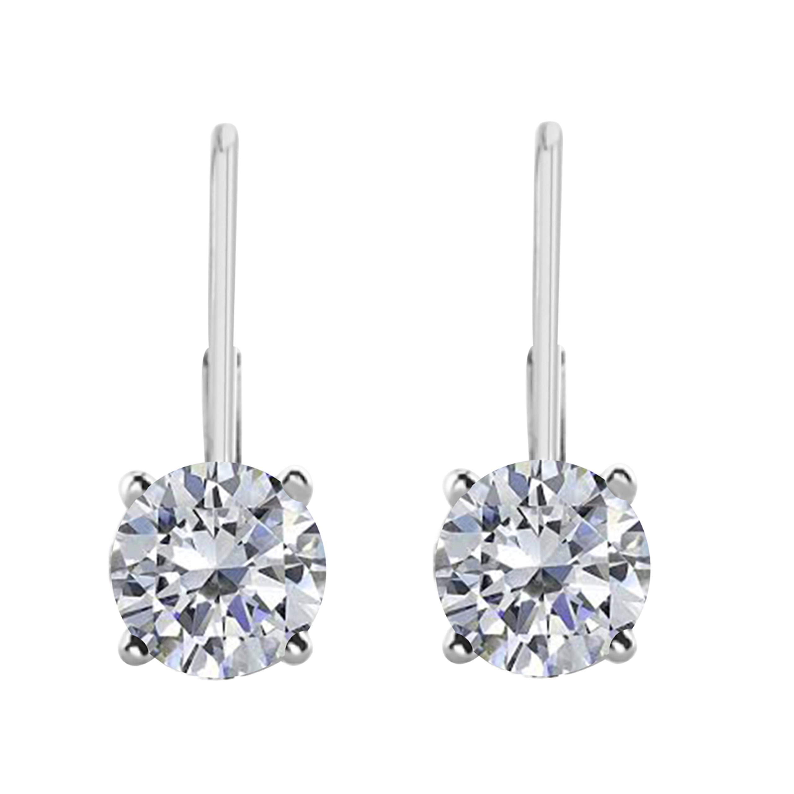 AoneJewelry 1.00 Carats Round White Diamond Leverback Earrings for Women in 14K White Gold Prong-Setting