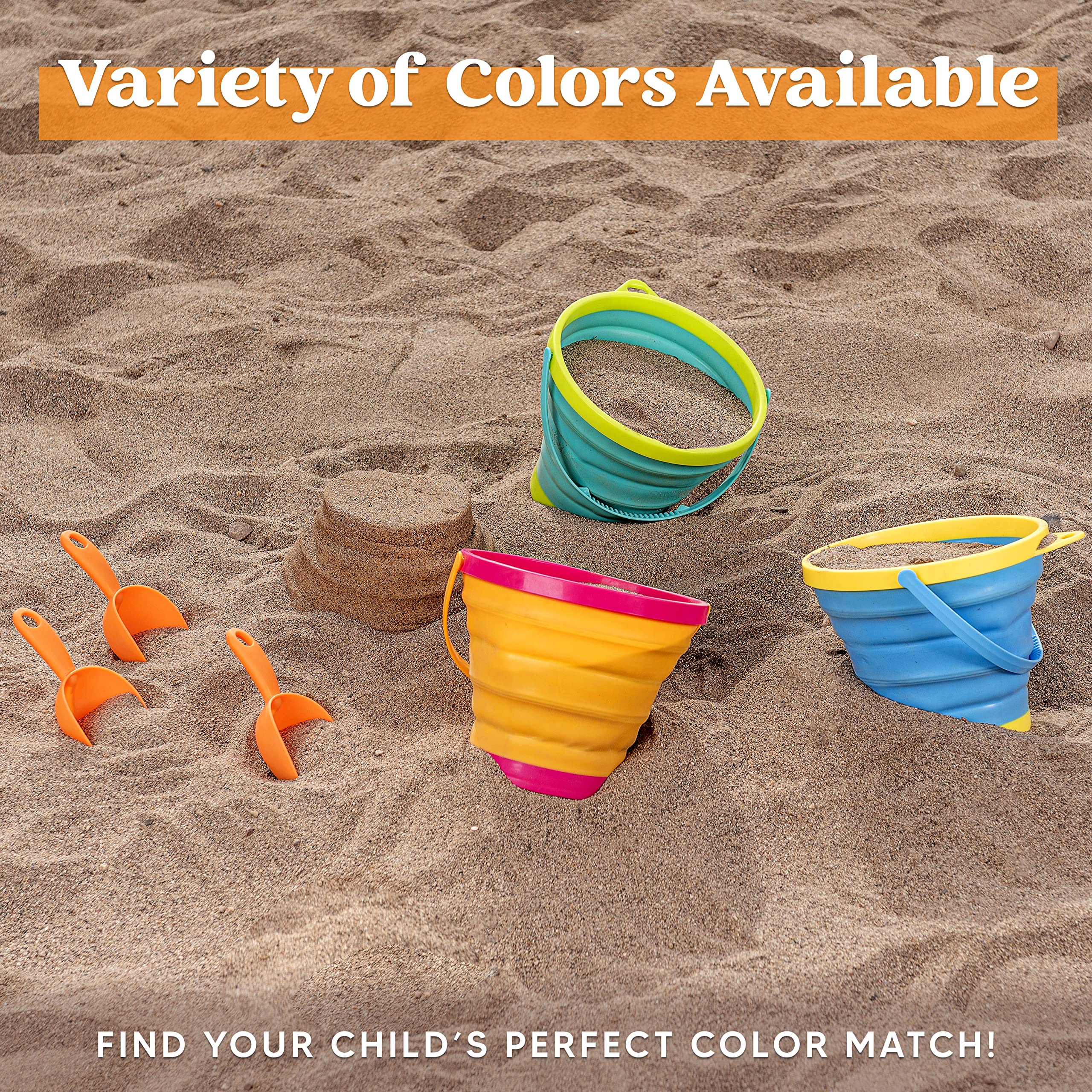 JOYIN 3 Packs Foldable Pail Bucket with Shovels & Mesh Bag, Collapsible Buckets Multi Purpose for Beach, Camping Gear, Beach Party, Fishing, and Fun Summer Activities (Yellow/Blue/Green)