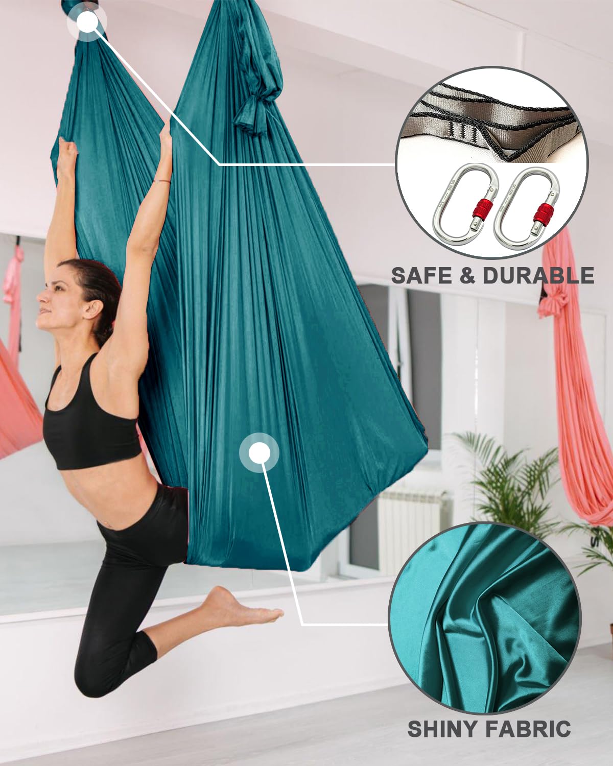 Aerial Yoga Hammock Kit 5.5 Yards Aerial Silks Yoga Swing Flying for Home Antigravity Inversion Flexibility Core Strength Exercise, All Levels, with Hardware Straps Guide (16.5x9.2ft), Deep Sky Blue