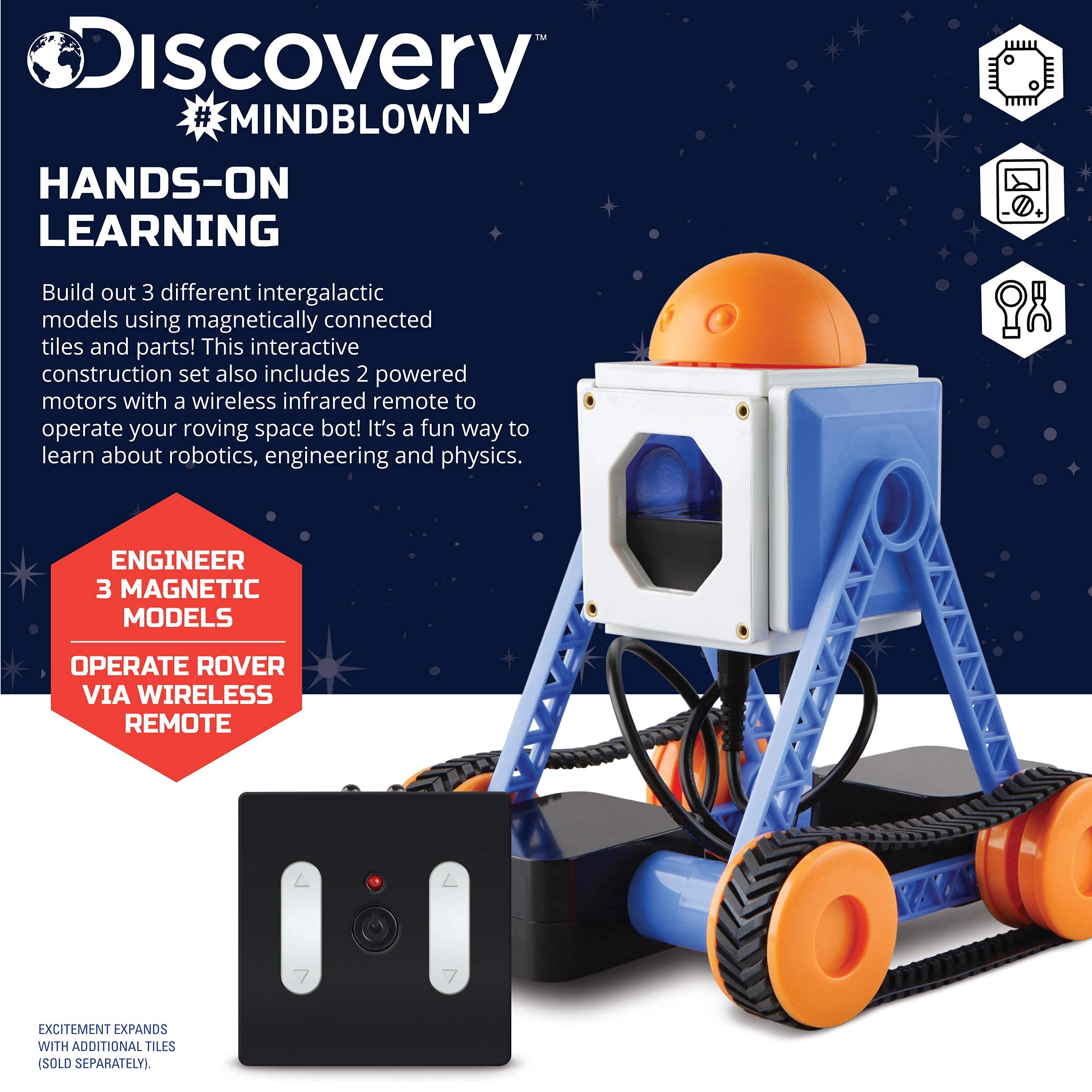 Discovery #MINDBLOWN Customizable Magnetic Building Tiles with Remote Control, 34-Piece Play Set, Build 3 Intergalactic Models, Includes 2 Powered Motors, STEM Toy for Boys and Girls