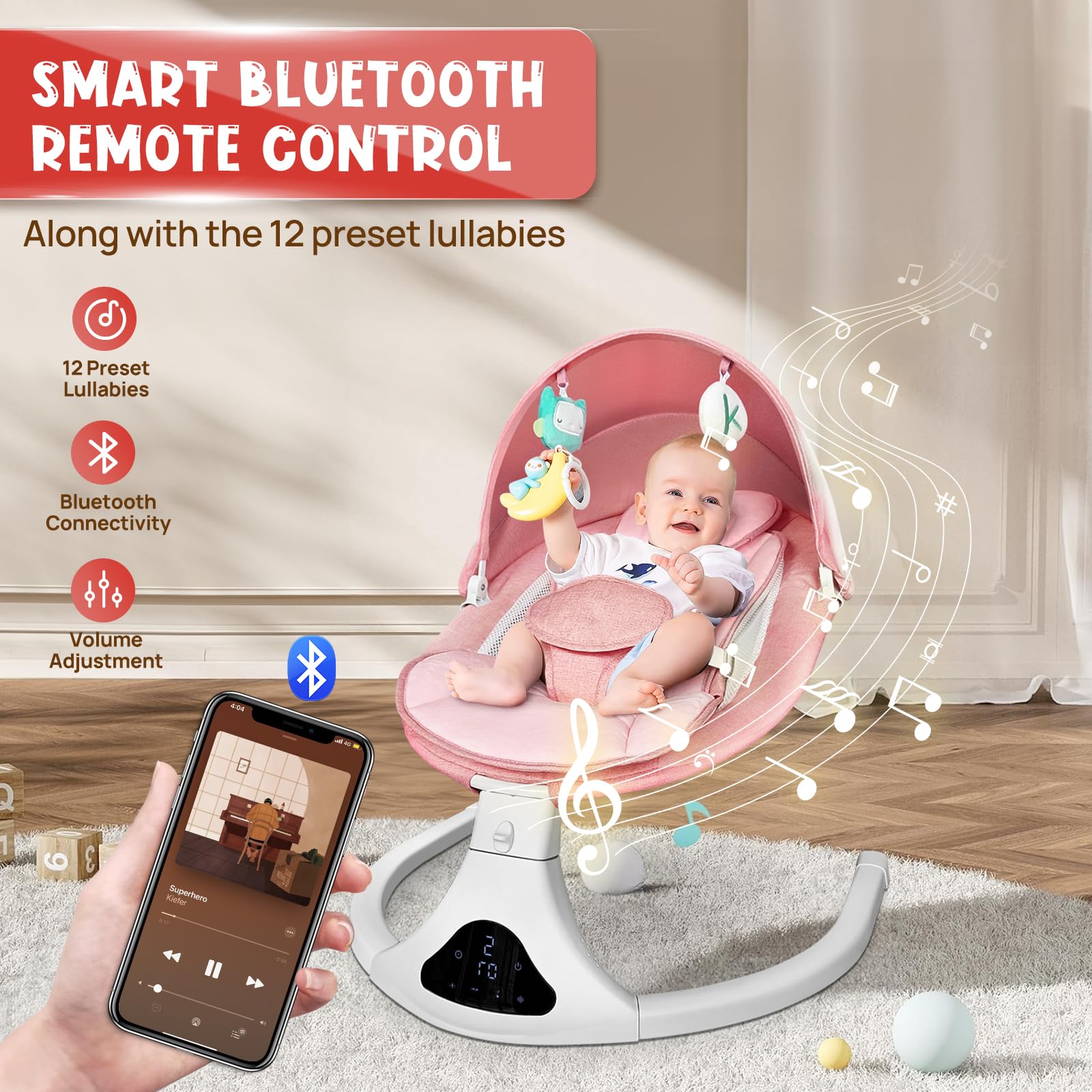 Baby Swing for Infants,Electric Portable Swing for Baby Boy Girl,Remote Control Indoor Baby Rocker with 5 Sway Speeds,3 Timer Settings,12 Music and Bluetooth.(Pink)