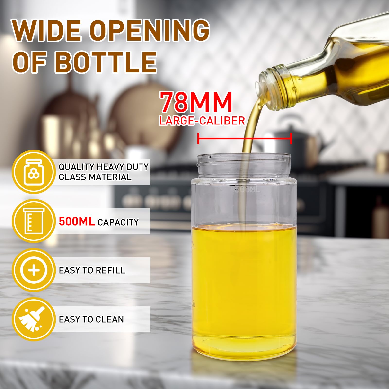 Axcone Oil Dispenser,Wide Opening Oil and Vinegar Bottle Easy Refill and Cleaning,Vinegar Condiment Storage Container with Scale for Kitchen Cooking (17 Oz)