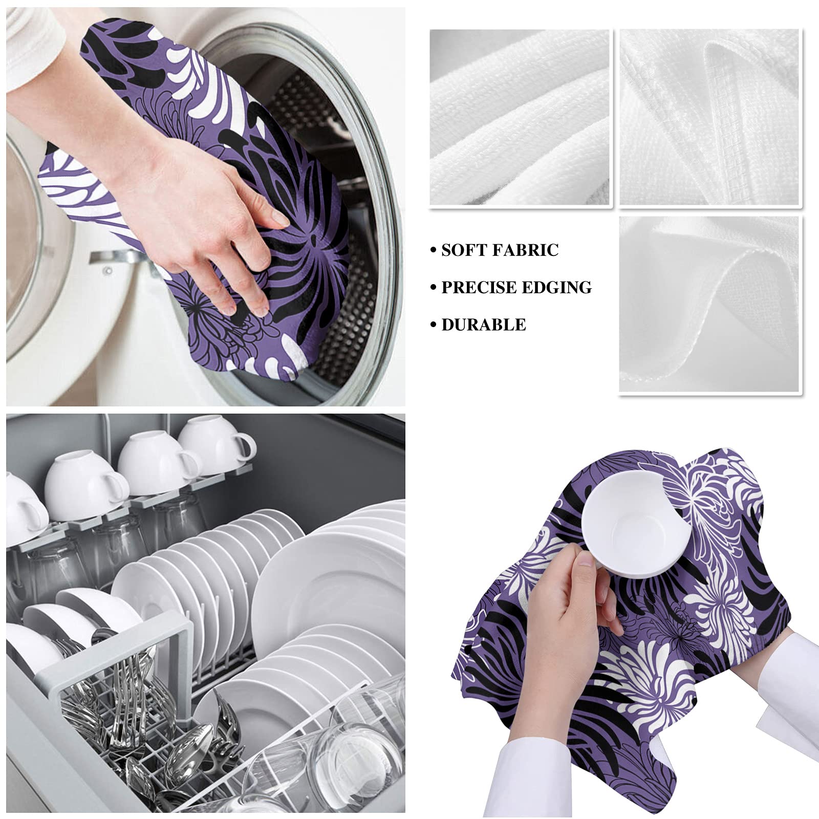 Big buy store Flowers Chrysanthemum Kitchen Dish Towels, Soft Lightweight Microfiber Absorbent Hand Towel Retro Black White Purple Tea Towel for Kitchen Bathroom 18x28in