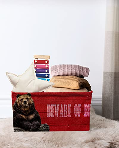 Animal Bear Retro Red Farm Wood Grain White White Slogan Cube Storage Organizer Bins with Handles,15x11x9.5 Inch Collapsible Canvas Cloth Fabric Storage Basket,Books Toys Bin Boxes for Shelves,Closet