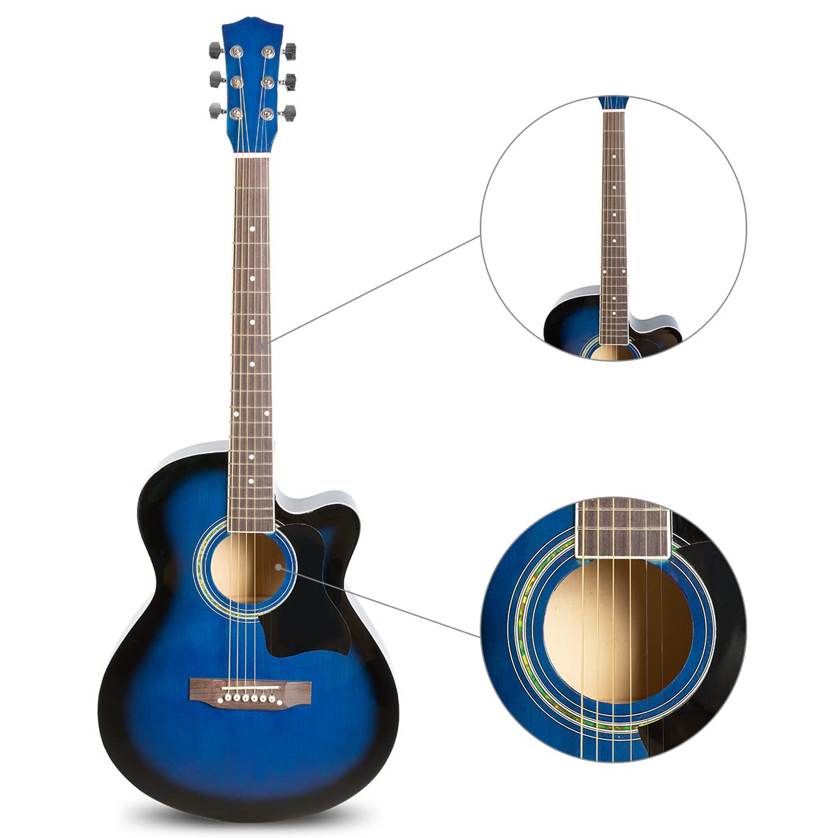 ALIMORDEN 39 Inch 6 Strings Basswood Cutaway Acoustic Matte Guitar Beginner Pack, Handcrafted Guitar Student Kit with Gig Bag, Extra Strings, Strap, Picks, Glossy Blue