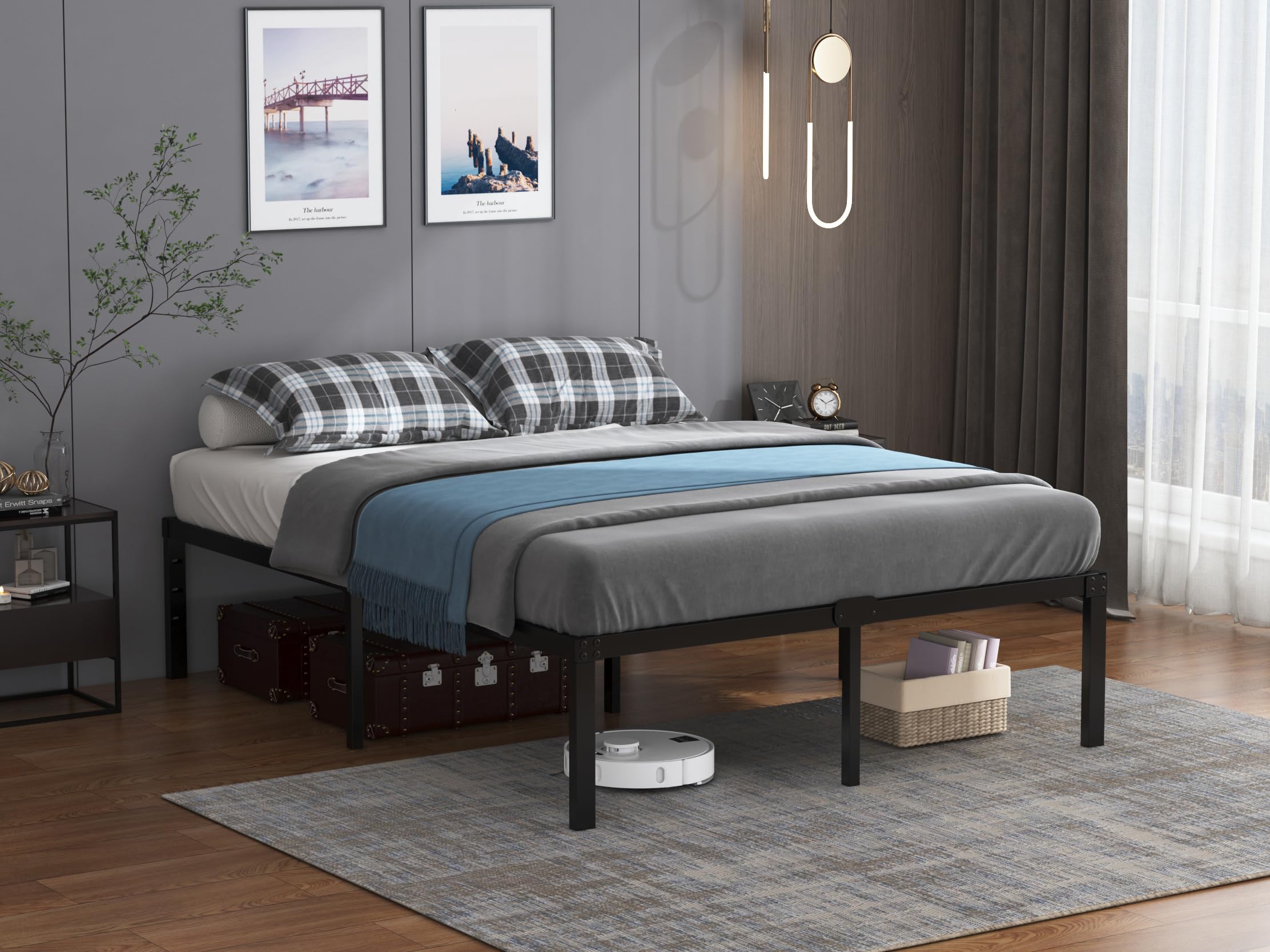 AROMUSTIME 16 Inch Reinfore Metal Platform Bed Frame with Round Legs / 3,800 lbs Heavy Duty Steel Slat Easy Assembly Mattress Foundation/No Noise/Box Spring Replacement, Queen