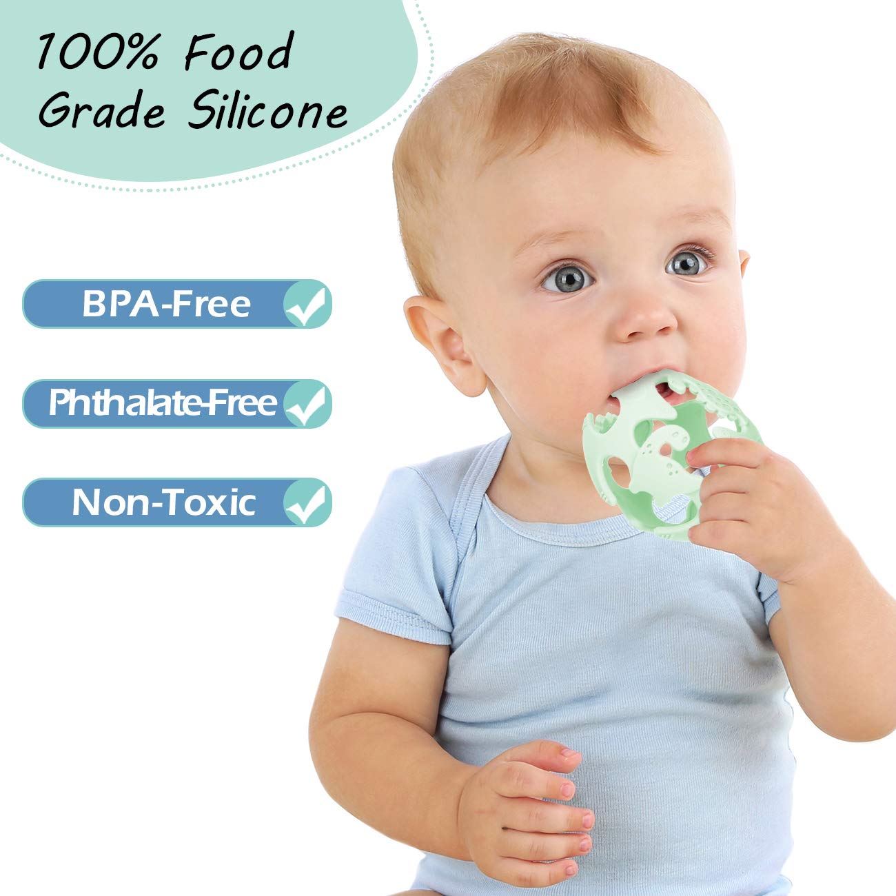 Baby Teething Toys for 3+ Months, Dinosaur Teethers for Babies, Safe Baby Teether Ball, Baby Teething Pacifier, Soft and Durable Teething Balls (Mint)