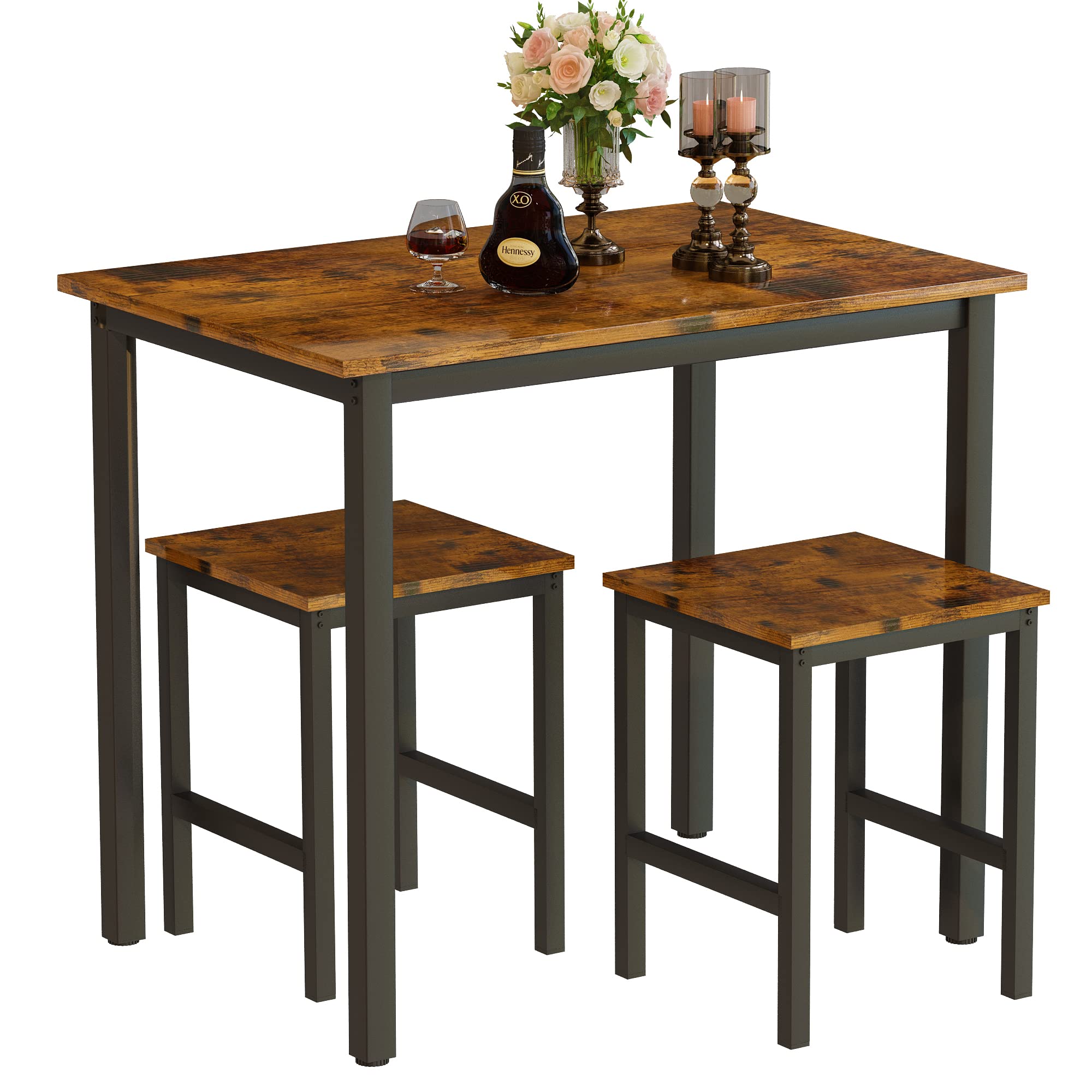 AWQM 3 Piece Dining Set, Small Dining Table and 2 Stools, Kitchen Breakfast Dining Table Set, Breakfast Table of 35.43 x 23.62 x 29.92 inches, Stools of 13.8 x 13.8 x 17.8 inches, Rustic Brown
