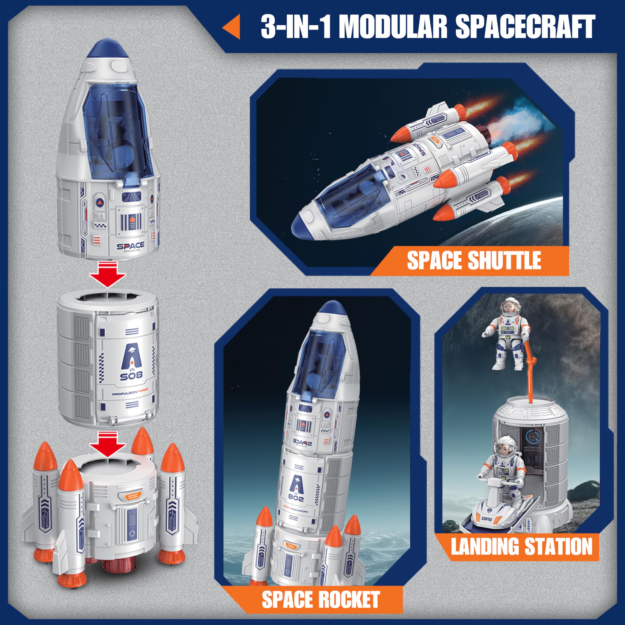 BLOONSY Rocket Ship Toys for Kids | Rocketship Space Shuttle Toys Model with Astronaut Figures | Space Toys for Kids 3 5 7 8 Years Old