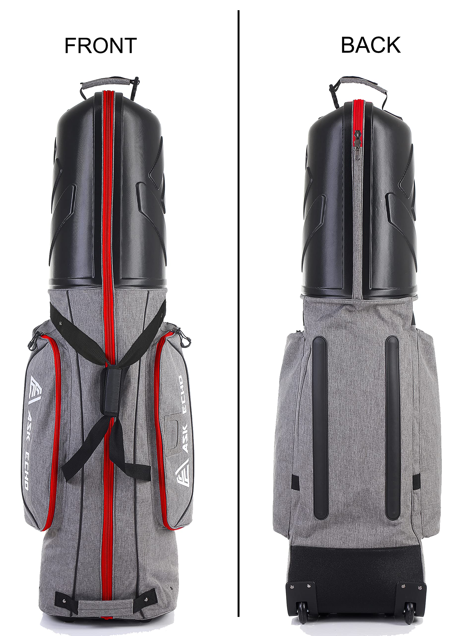 ASK ECHO Golf Travel Cover for Golf Bag with ABS Hard Top, Protect Travel Bag, with Wheels (Grey Red)
